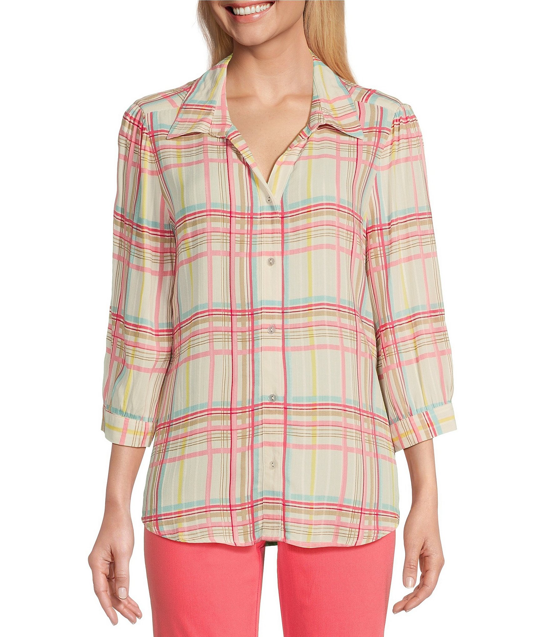 Allison Daley Coral Plaid Print 3/4 Sleeve Point Collar Button Front ...