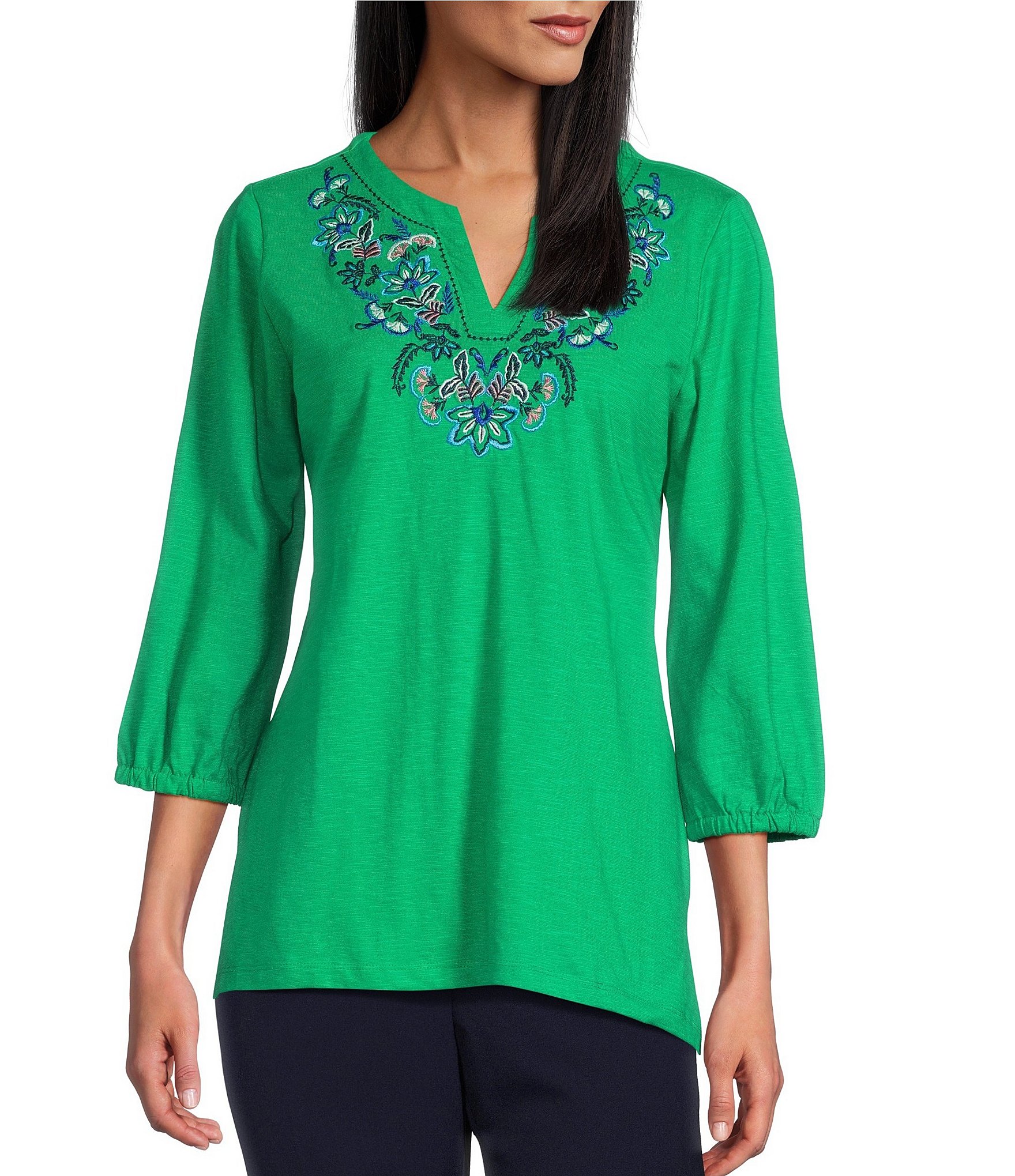 Allison Daley Embroidered 3/4 Cuff Sleeve Split V-Neck Top | Dillard's