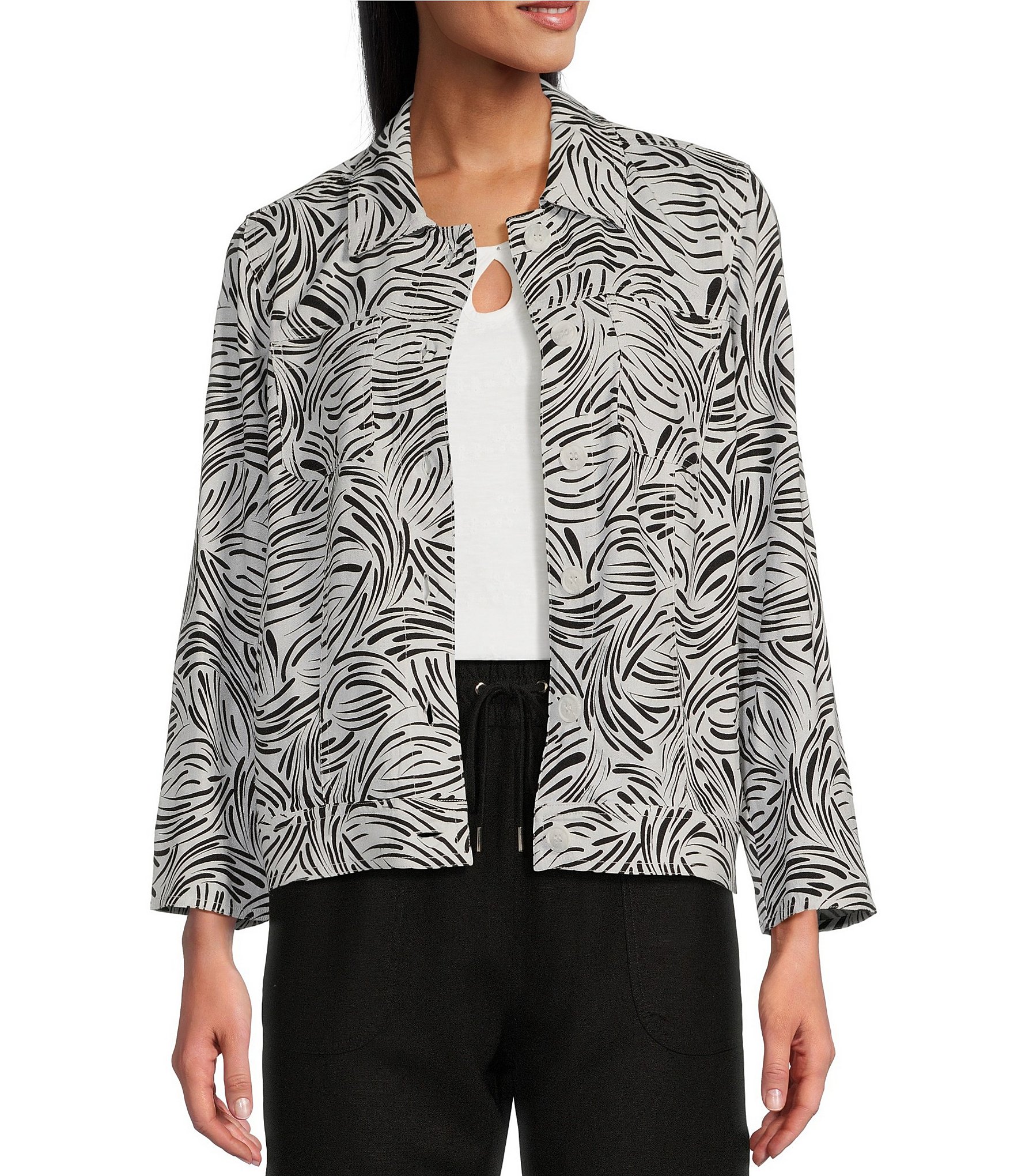 Allison Daley Petite Size 3/4 Sleeve Point Collar Button Front Linen ...