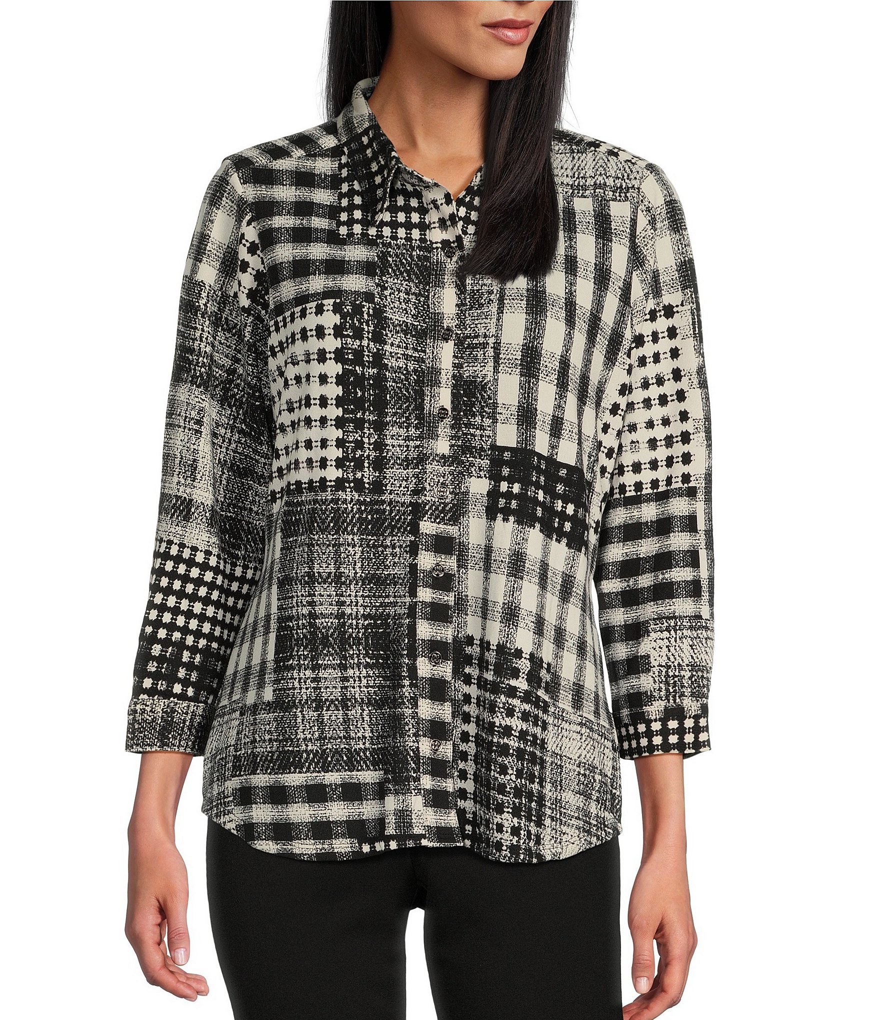 Allison Daley Petite Size Cabin Patchwork Print 3/4 Sleeve Point Collar ...