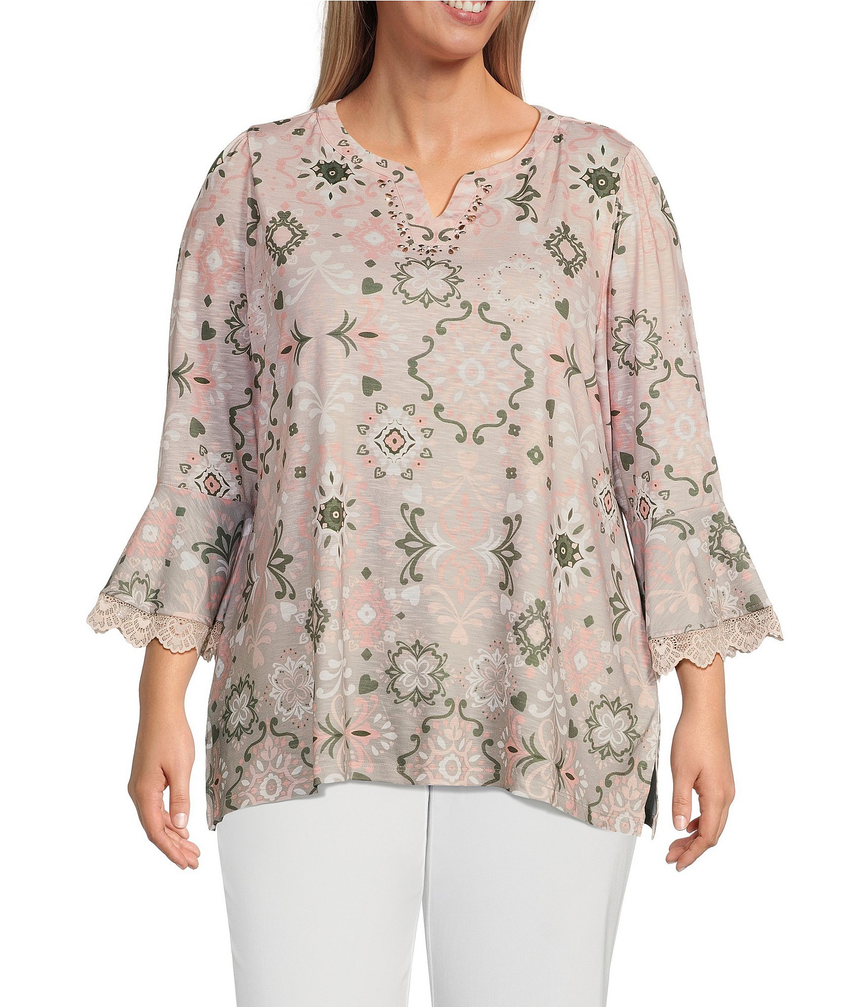 Allison Daley Plus Size 3/4 Ruffle Sleeve Split V-Neck Knit Top | Dillard's