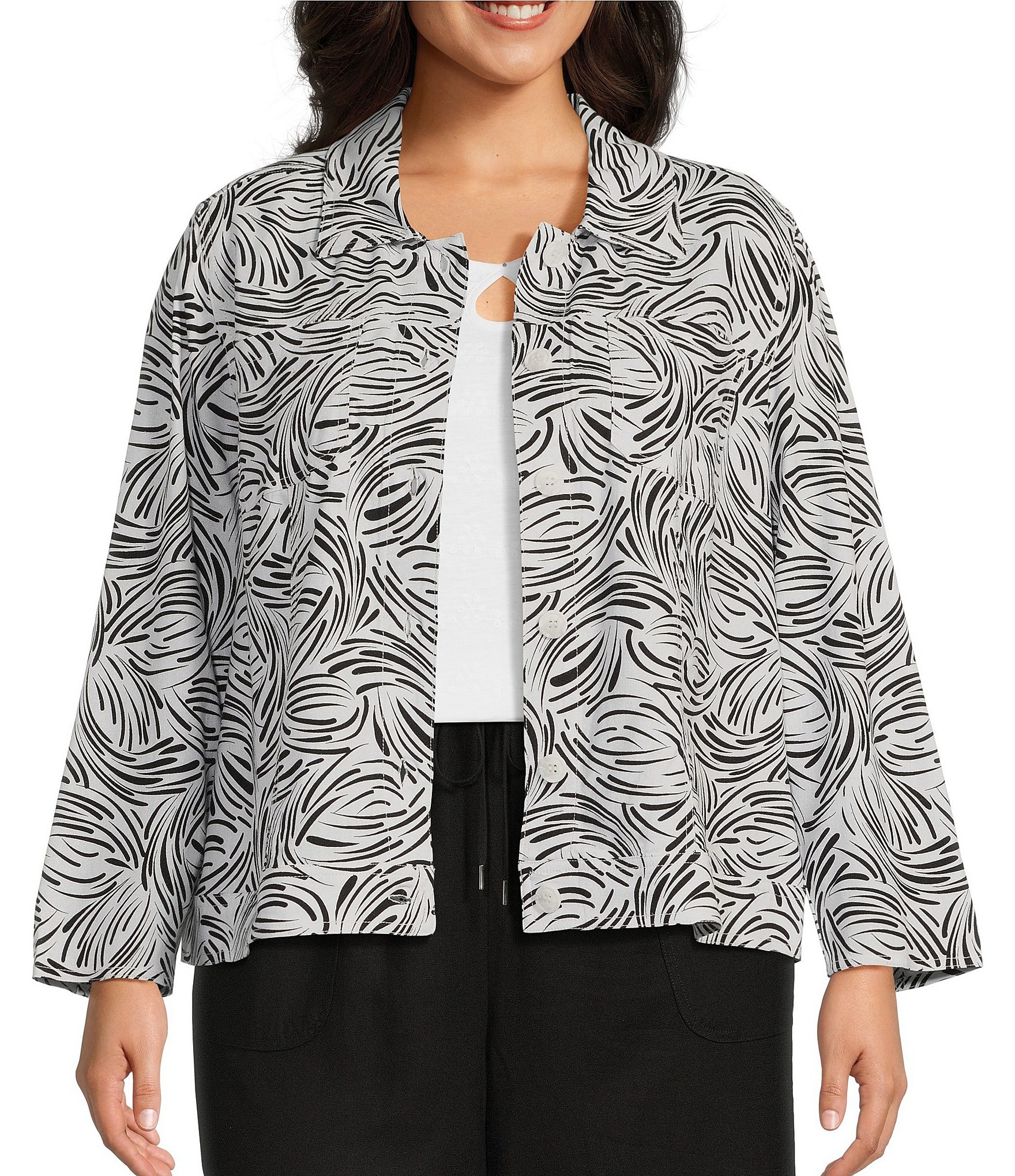 Allison Daley Plus Size 3/4 Sleeve Point Collar Button Front Linen ...