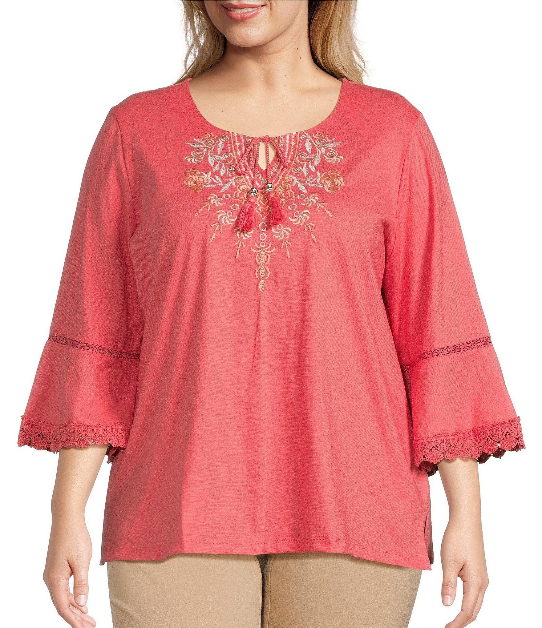 Allison Daley Plus Size Embroidered 3/4 Sleeve Split V-Neck Sweater ...