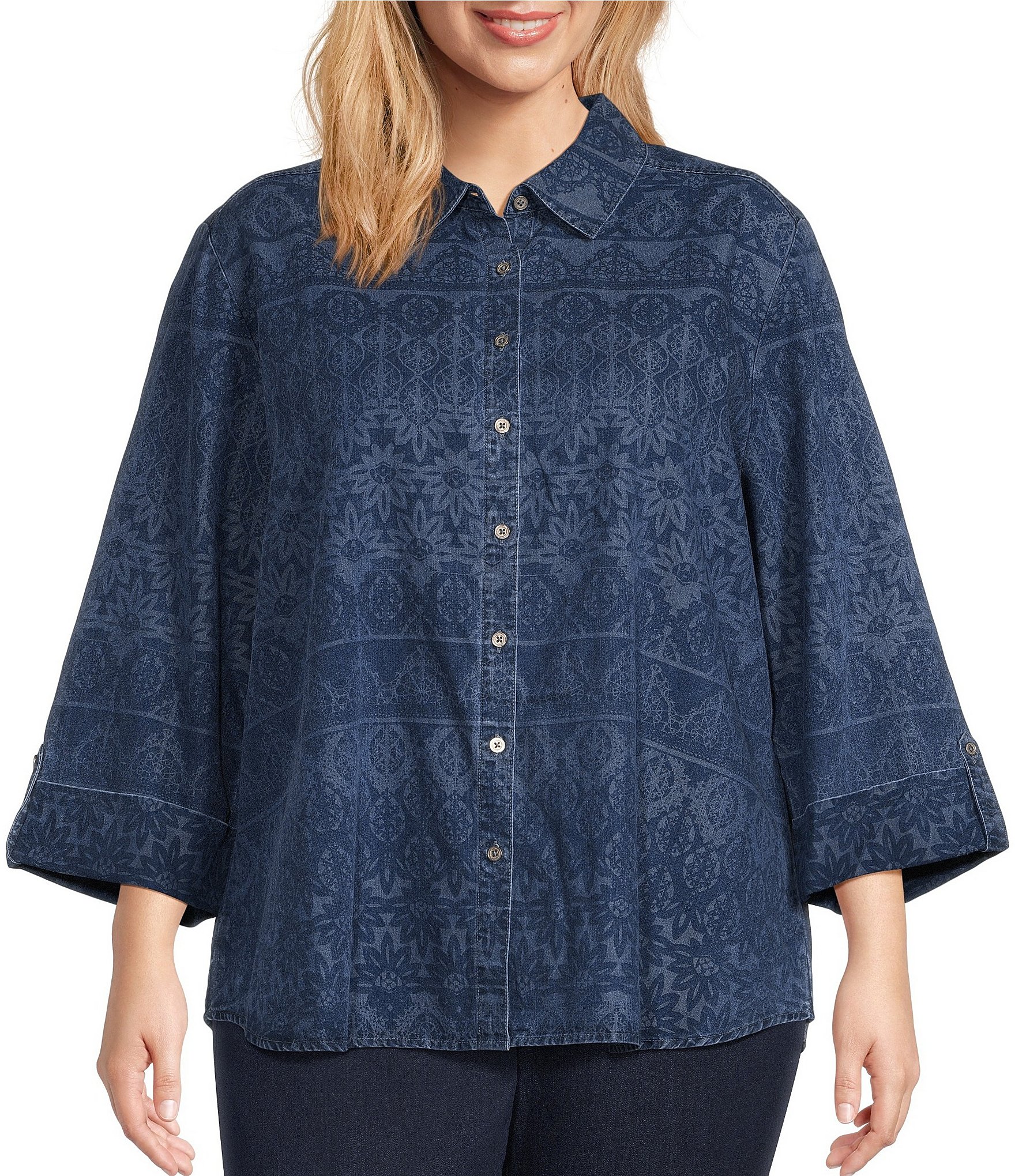 Allison Daley Plus Size Lace Stripe Print 3/4 Roll Tab Sleeve Point ... Allison Daley Plus Size Lace Stripe Print 3/4 Roll Tab Sleeve Point ...