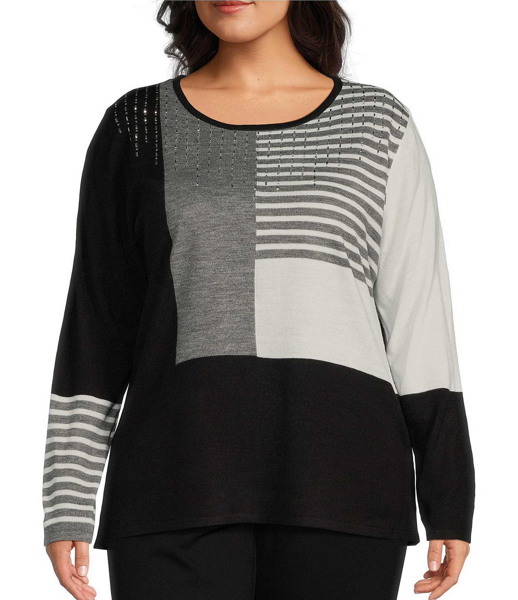 Allison Daley Plus Size Long Sleeve Crew Neck Embellished Color Block ... Allison Daley Plus Size Long Sleeve Crew Neck Embellished Color Block ...