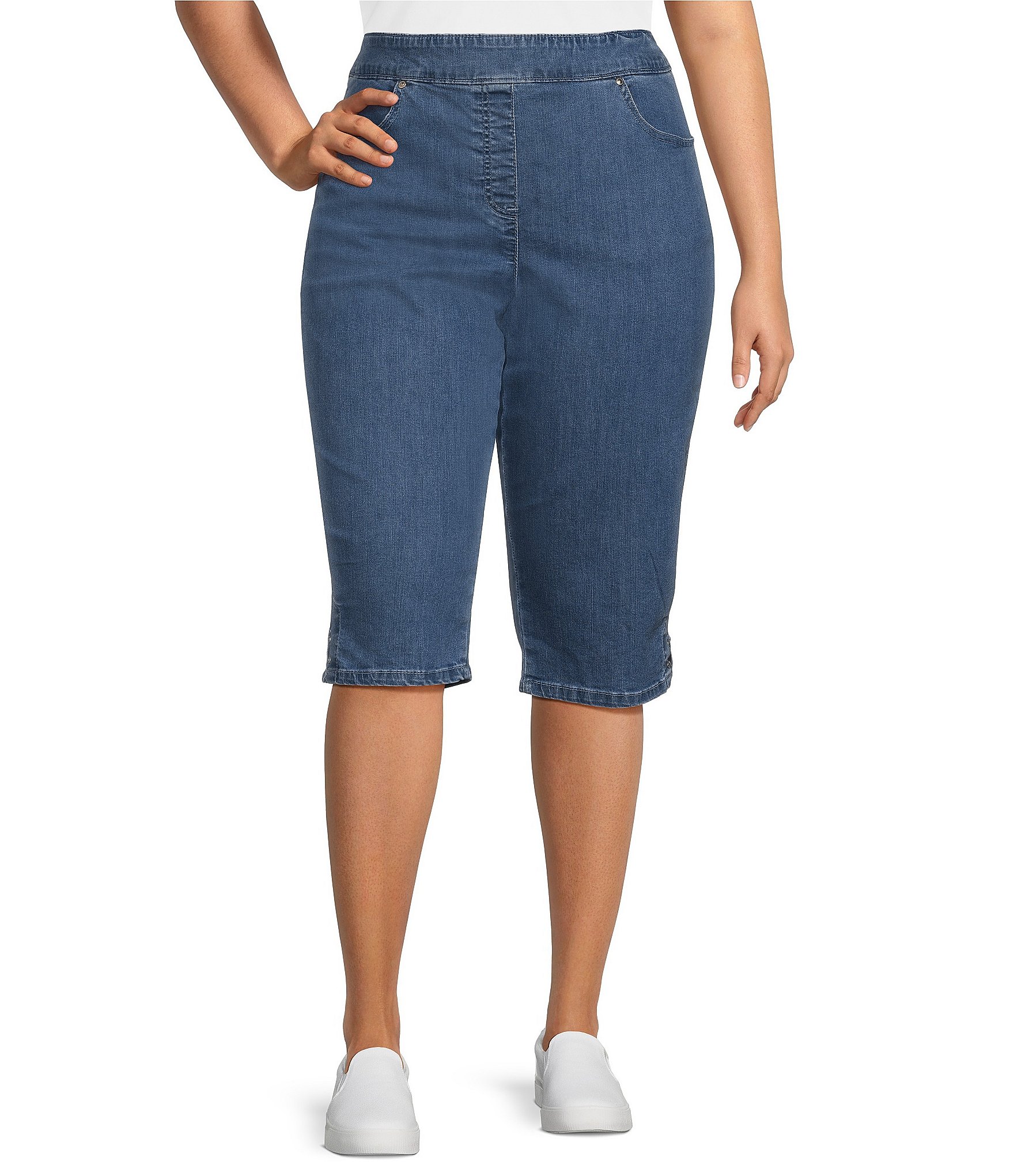 Allison Daley Plus Size Side Slit Pull-On Stretch Denim Skimmer Capri Pants | Dillard's