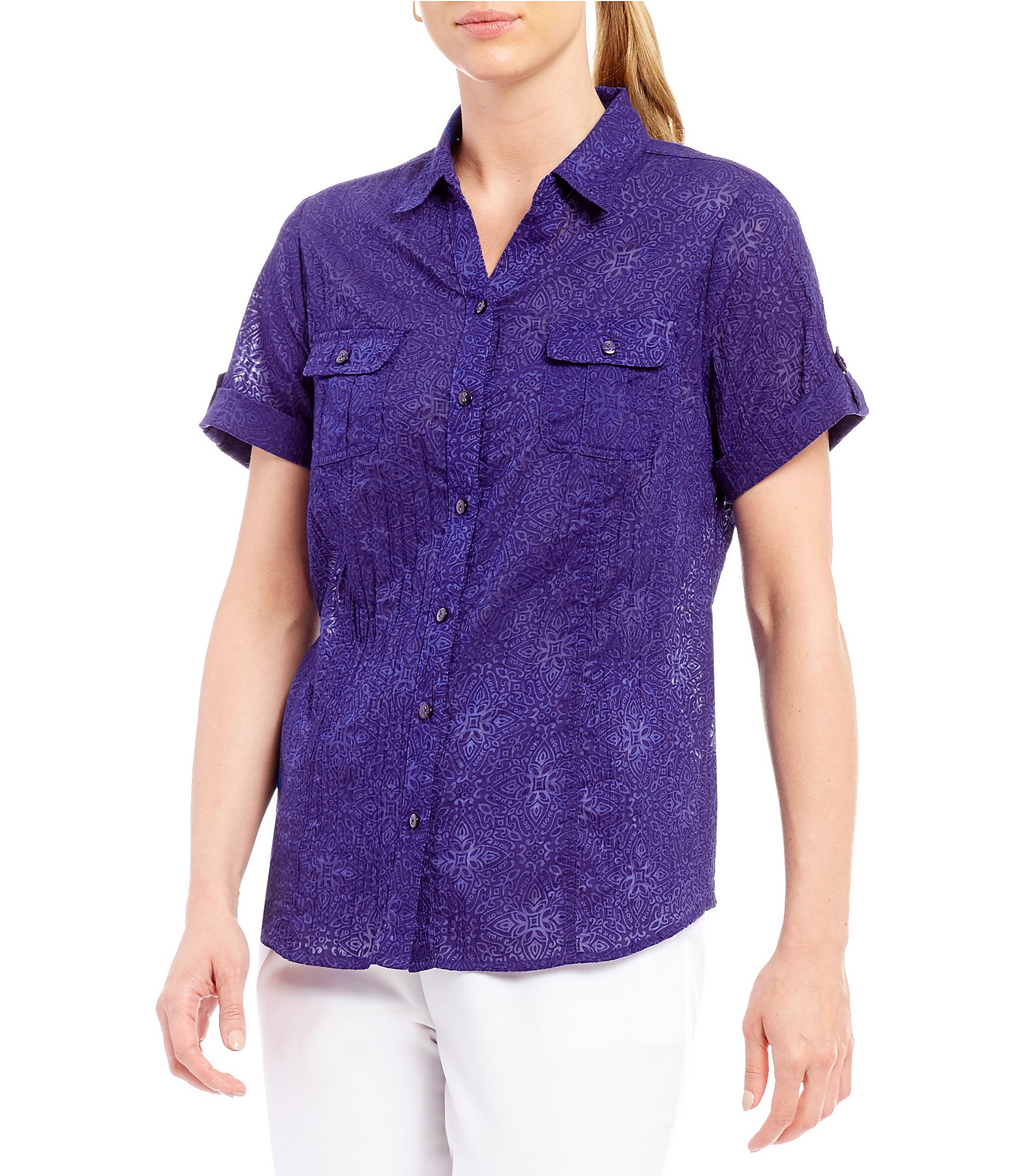 Allison Daley Short Roll-Tab Sleeve Solid Crinkle Burnout Button-Front ... Allison Daley Short Roll-Tab Sleeve Solid Crinkle Burnout Button-Front ...