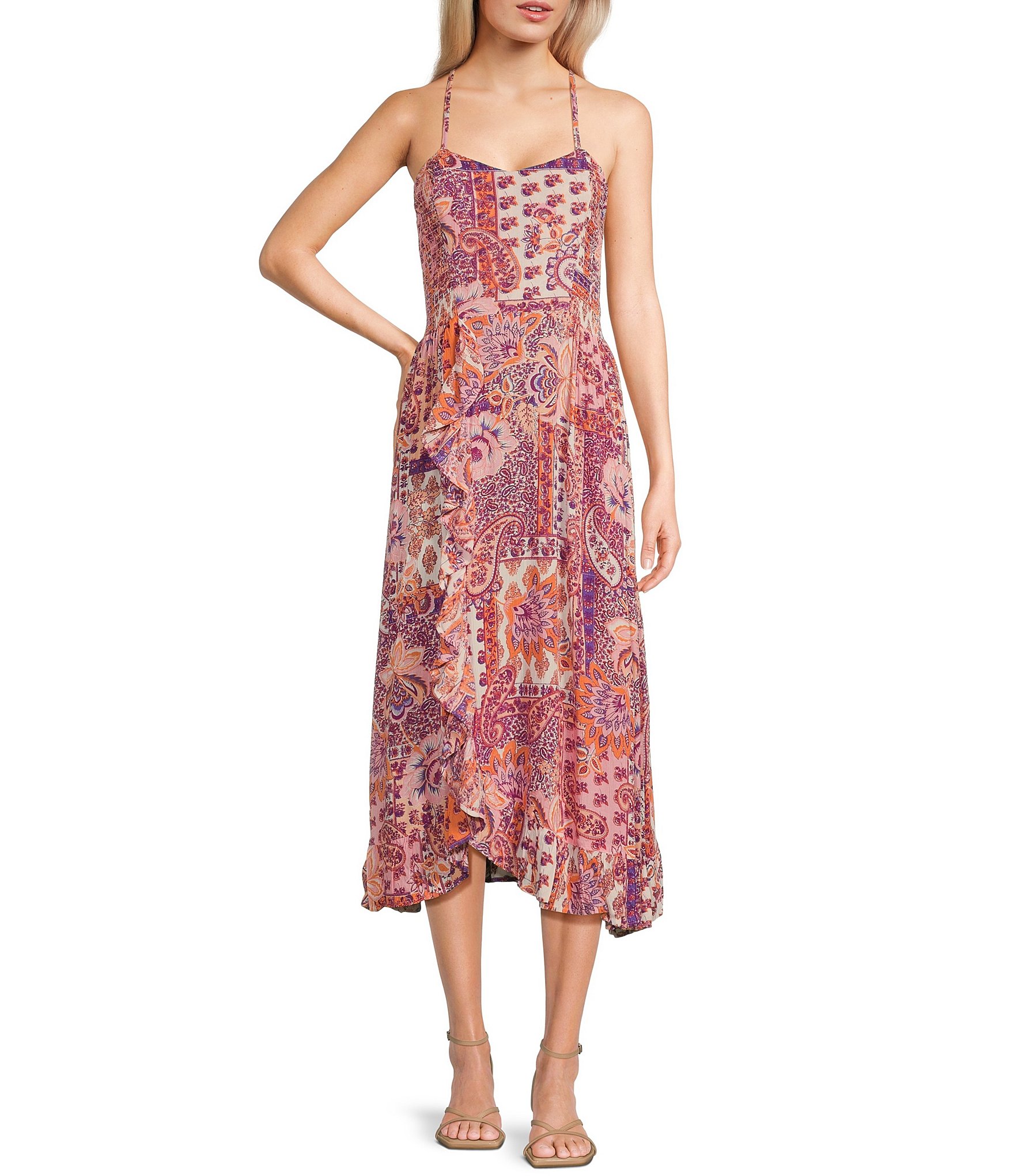 Angie Patch Print Spaghetti Strap Racer Back Ruffle Front Midi Dress ...