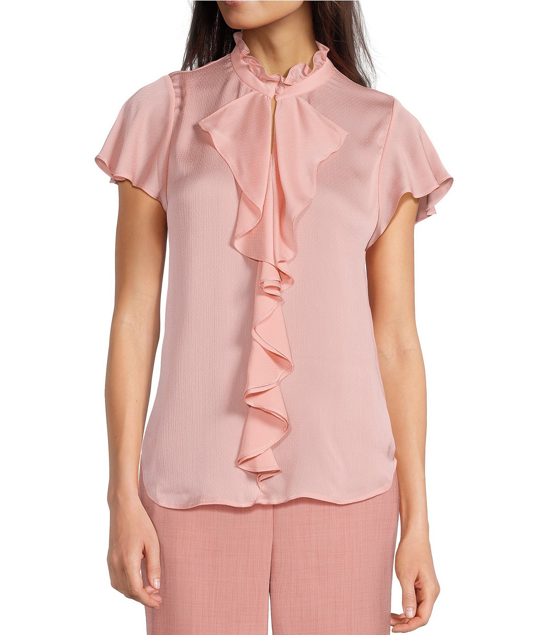 Anne Klein Flutter Short Sleeve Cascade Ruffle Crew Neck Pindot Blouse ...