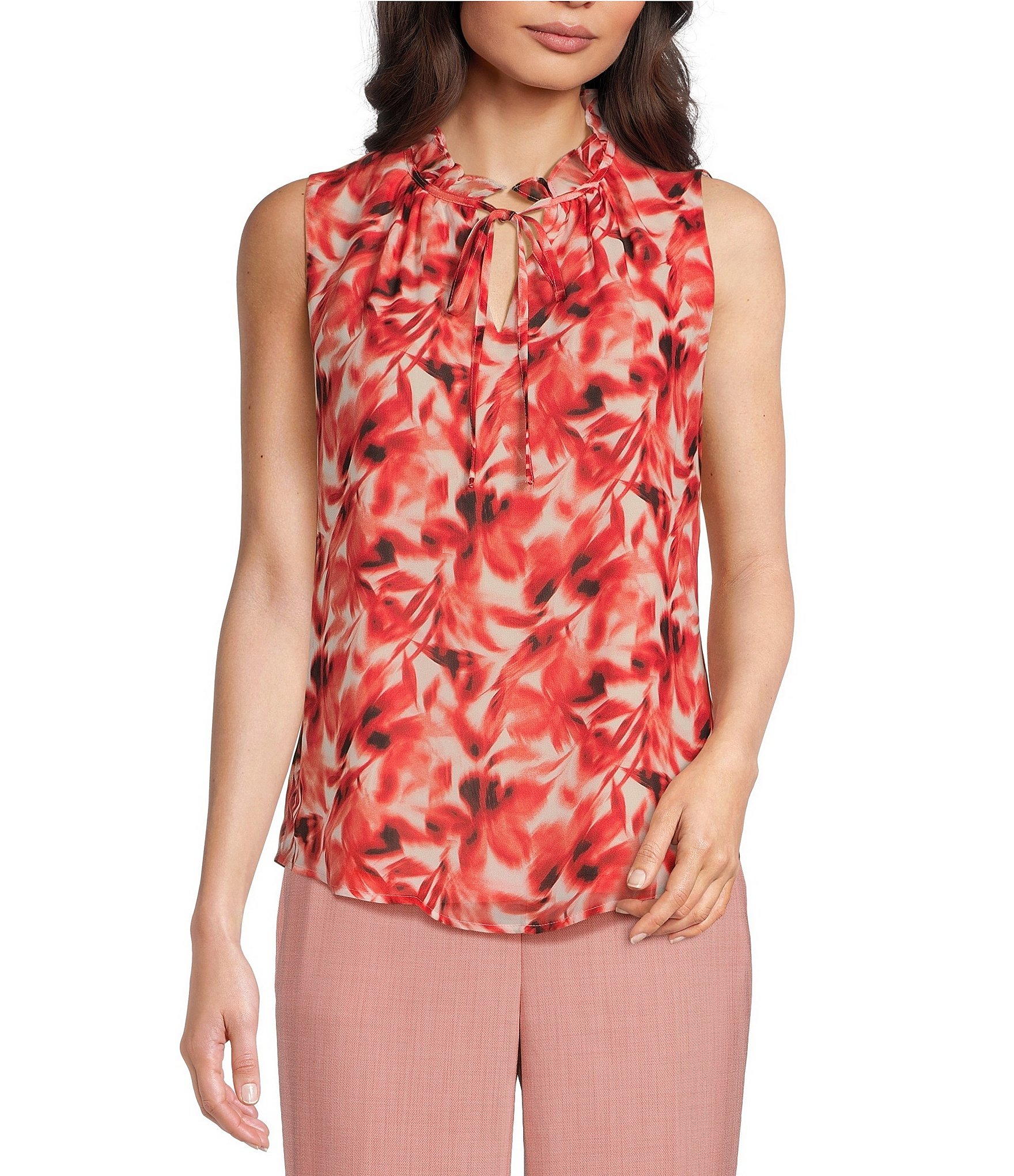 Anne Klein Printed Ruffle Mock Tie Neck Sleeveless Blouse | Dillard's Anne Klein Printed Ruffle Mock Tie Neck Sleeveless Blouse | Dillard's