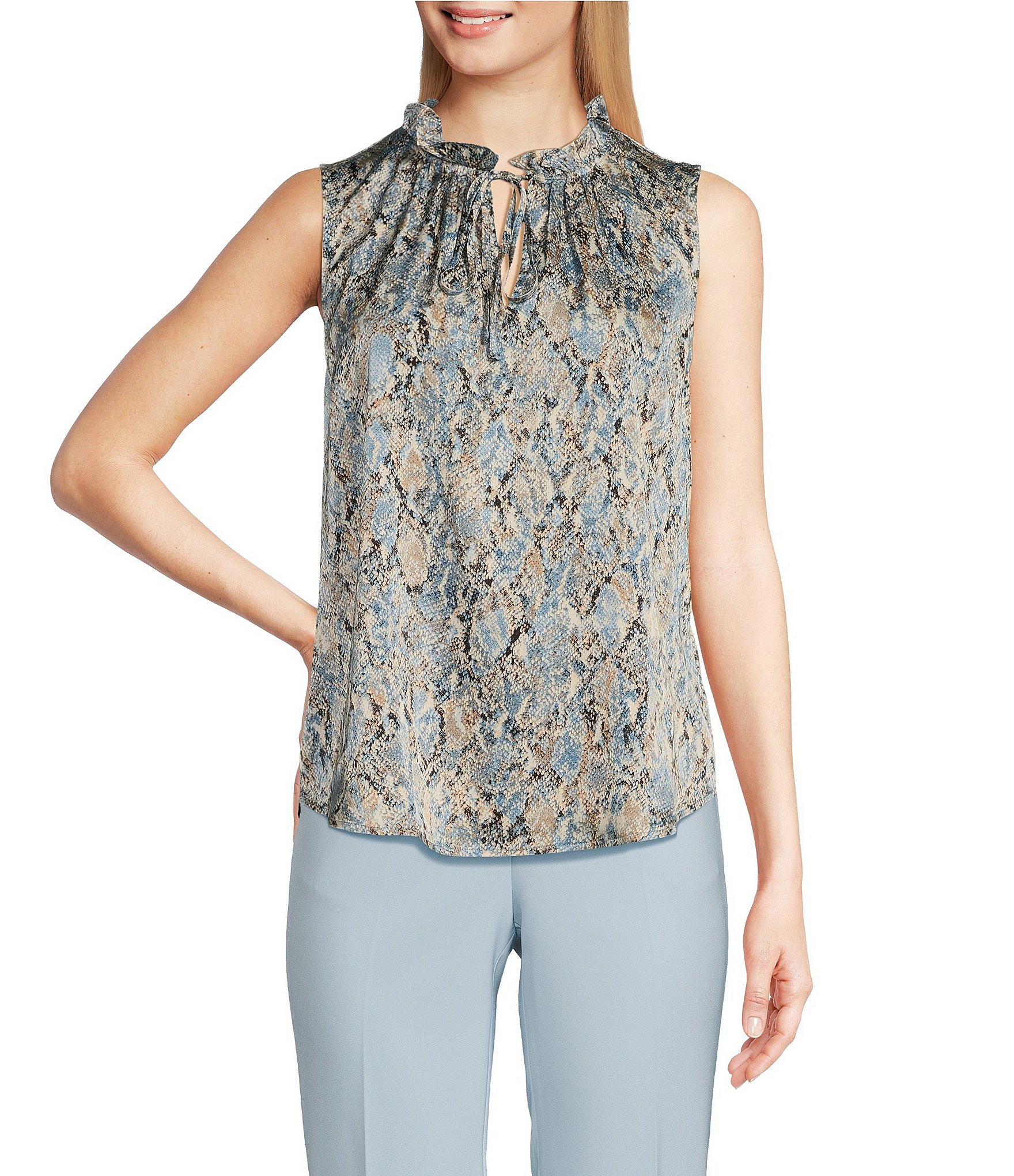 Anne Klein Snake Printed Flat Satin Ruffle Mock Tie Neck Sleeveless ...