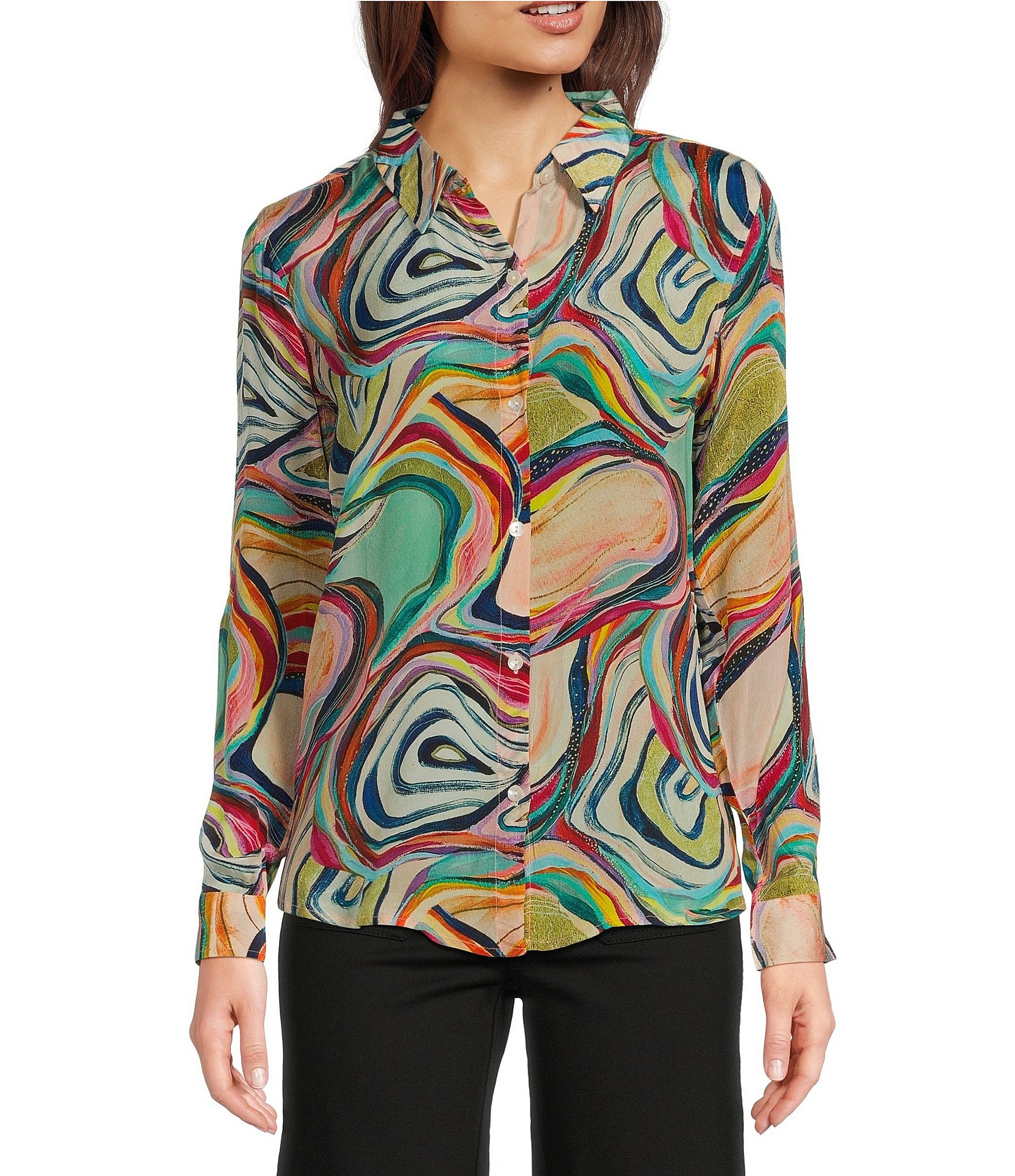 APNY Abstract Print Point Collar Roll Sleeve Button Front Blouse ...