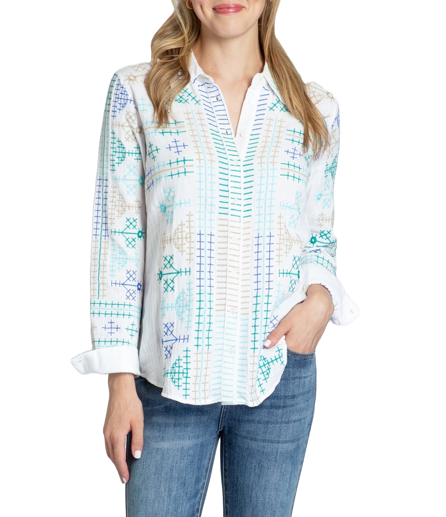 APNY Embroidered Collared Neck Long Sleeve Blouse | Dillard's
