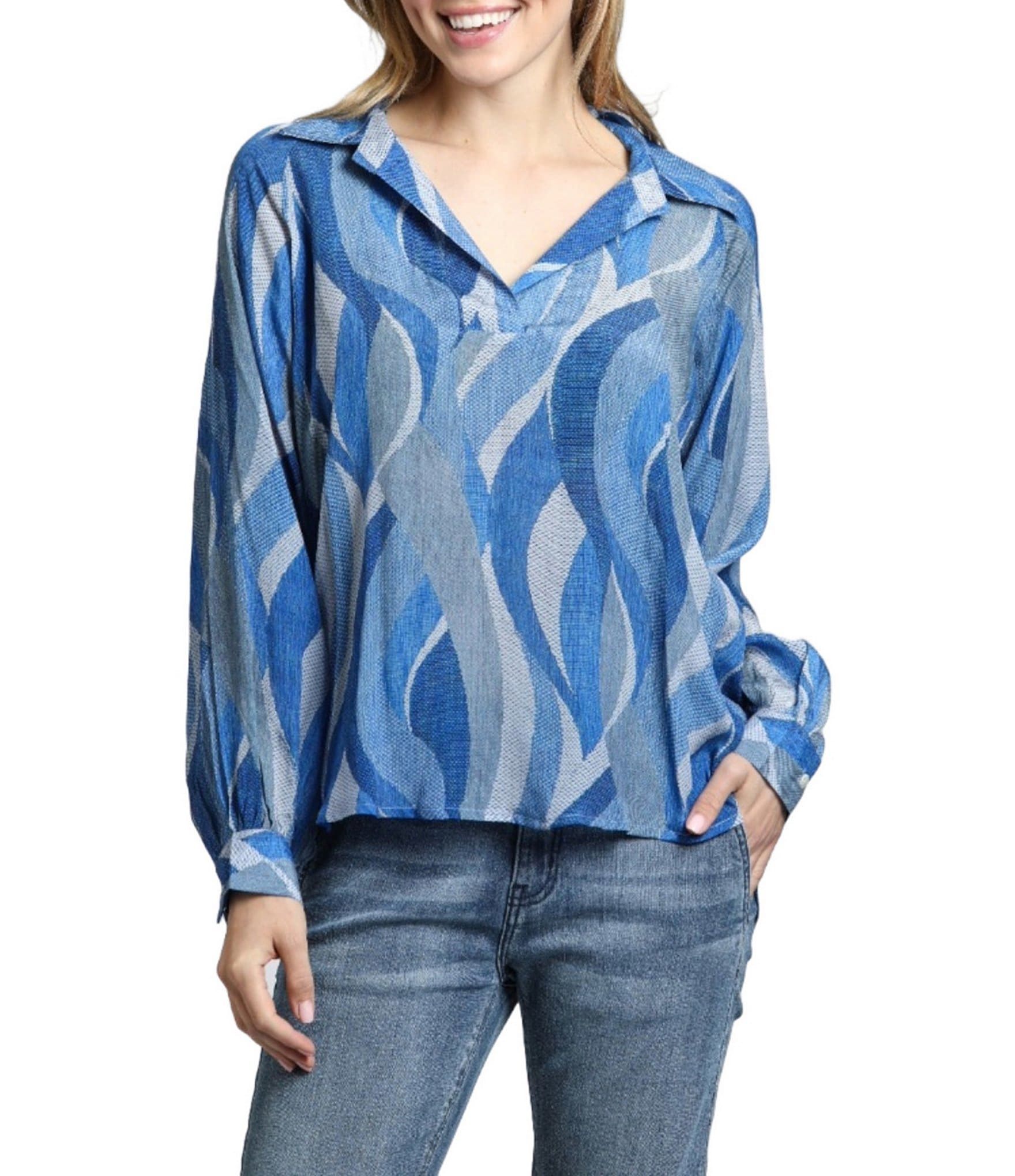 APNY Printed Collared V-Neck Long Sleeve Blouse | Dillard's