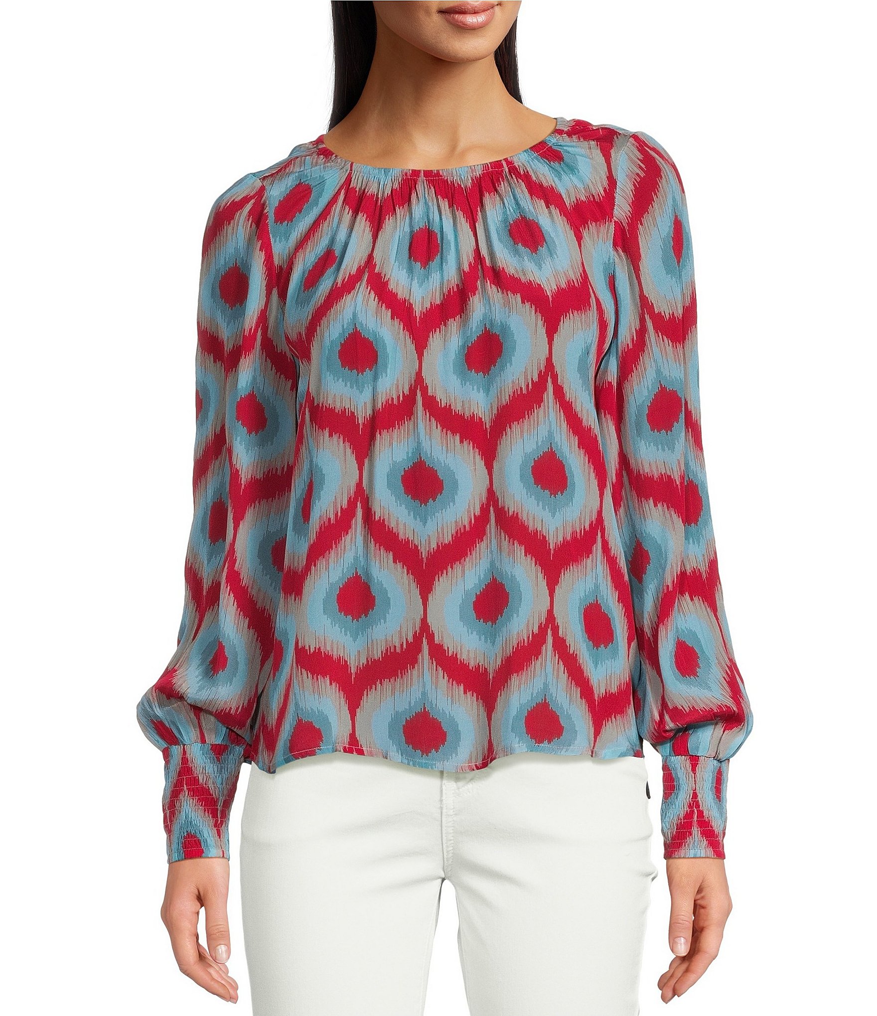 APNY Printed Crew Neck Long Sleeve Smocked Cuff Blouse | Dillard's