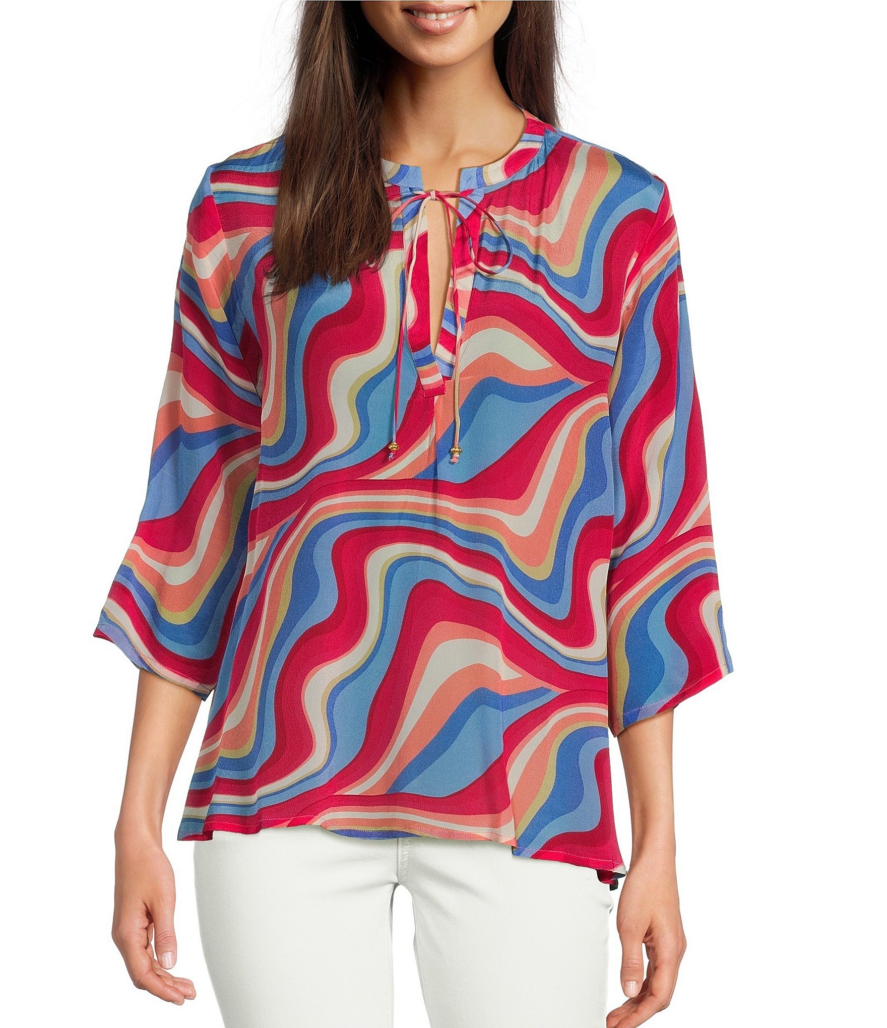 APNY Printed Tassel V-Neck 3/4 Sleeve Blouse | Dillard's