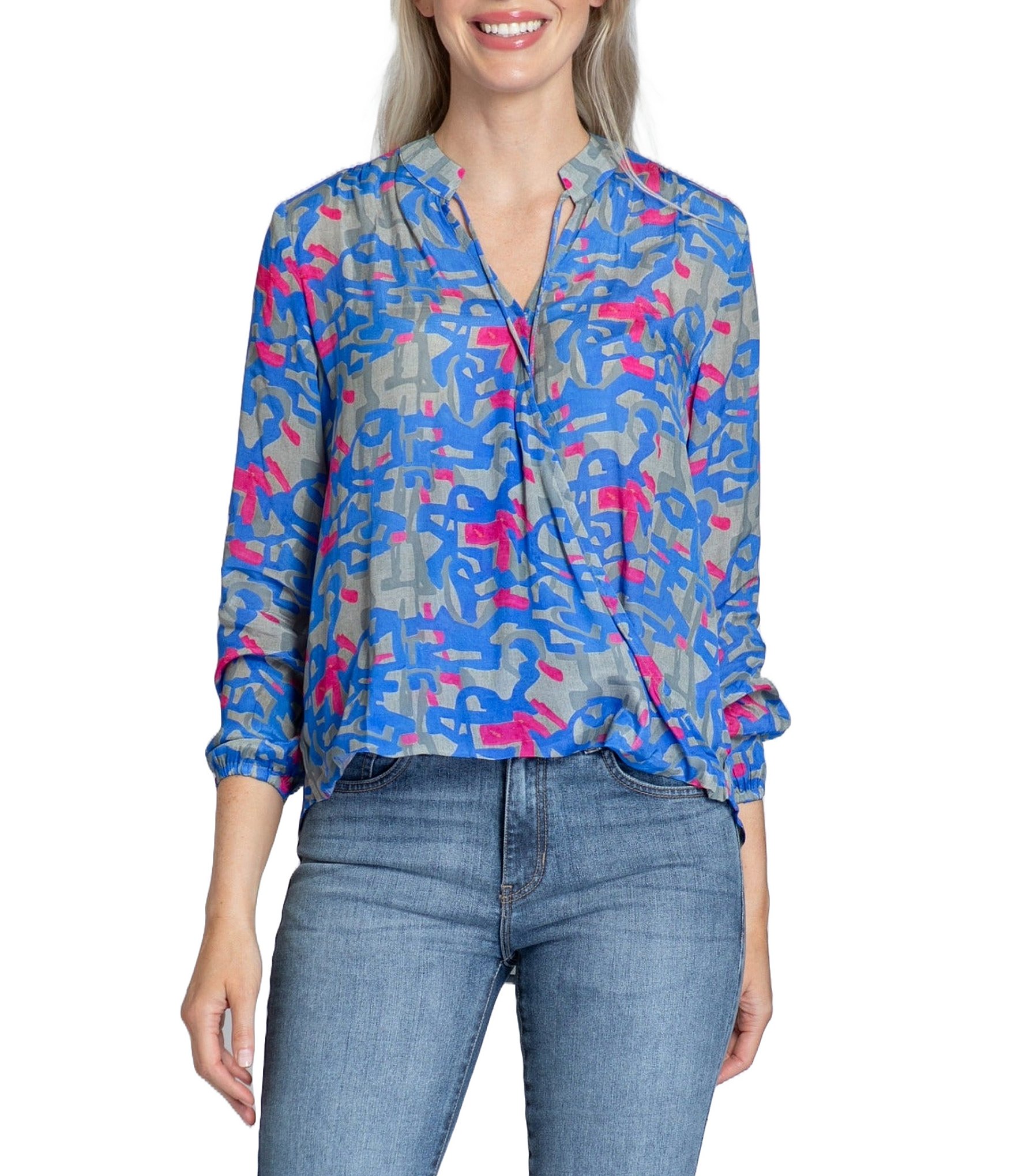 APNY Printed V-Neck 3/4 Sleeve Crossover Top | Dillard's