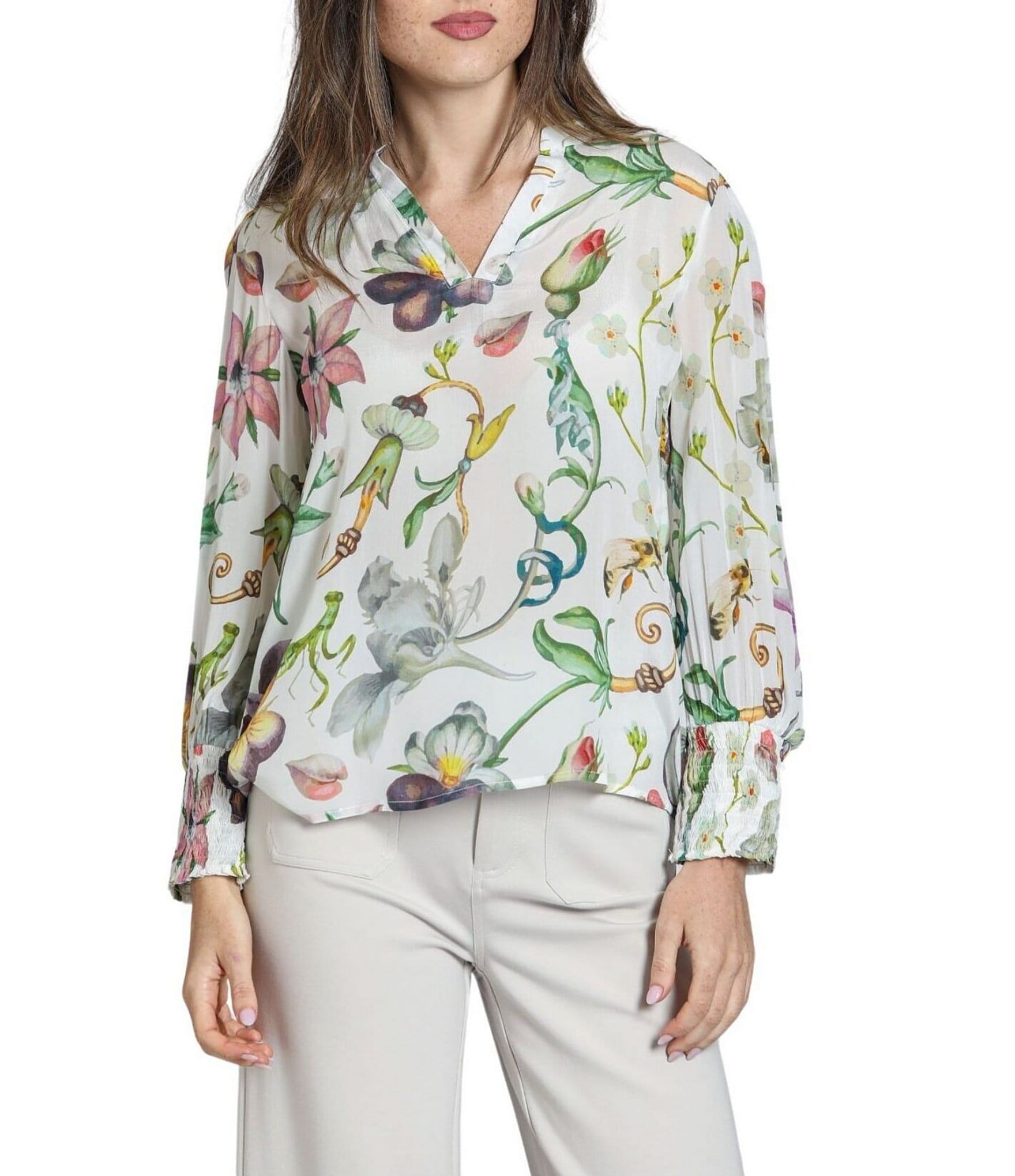 APNY Woven Printed Split V-Neck Long Sleeve Blouse | Dillard's