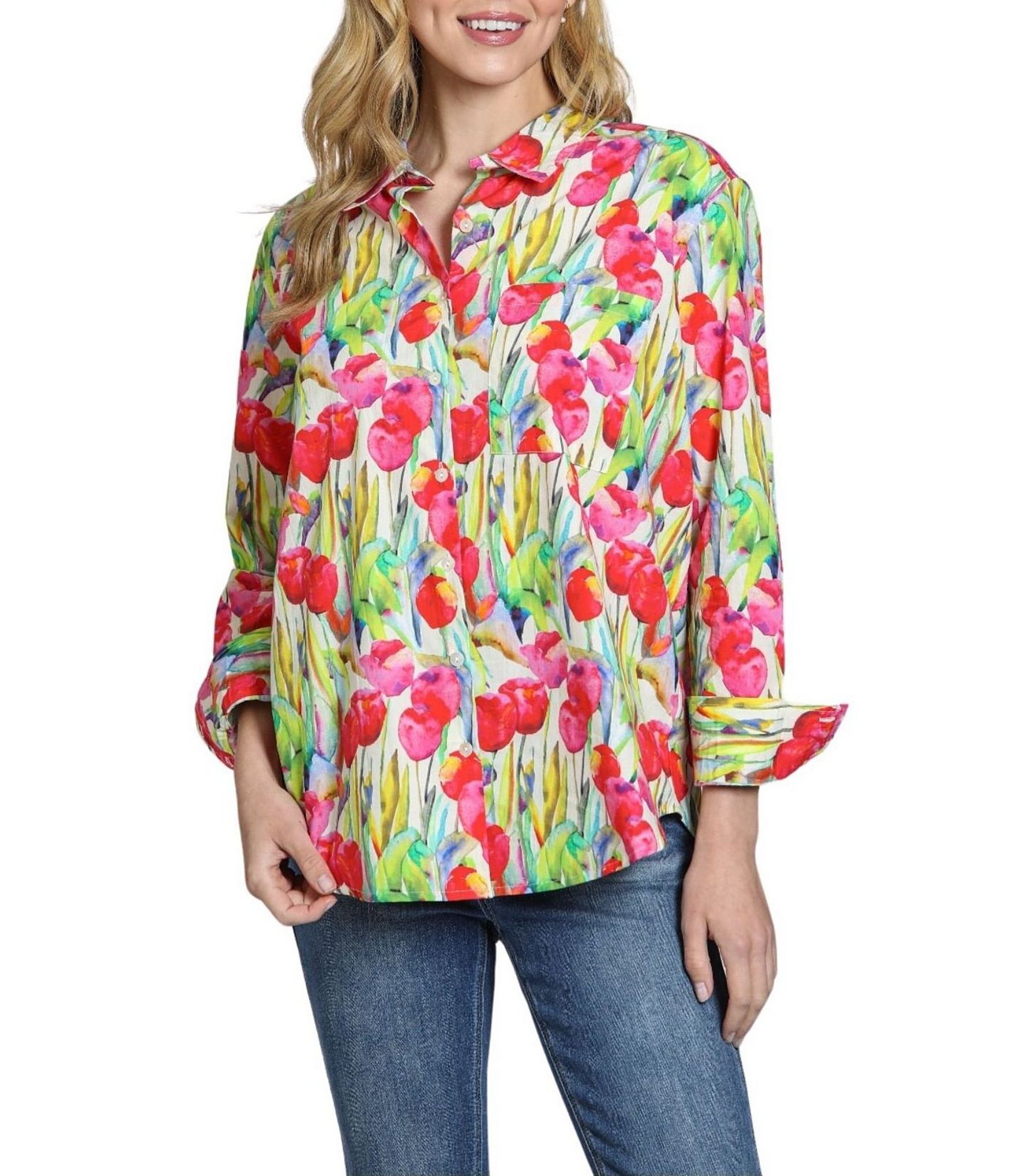 APNY Woven Tullip Printed Spread Collar Long Sleeve Button Front Shirt ...