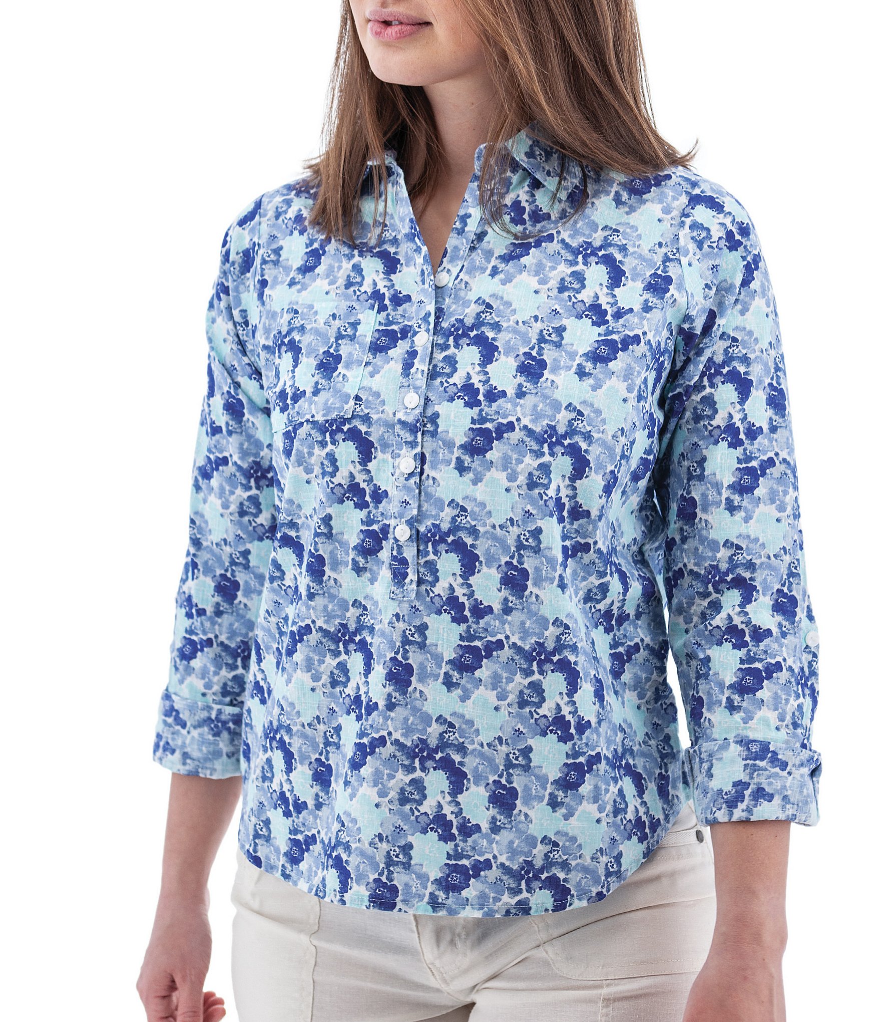 Aventura Devon Printed Collared Neckline Roll Tab Sleeve Button Front ...