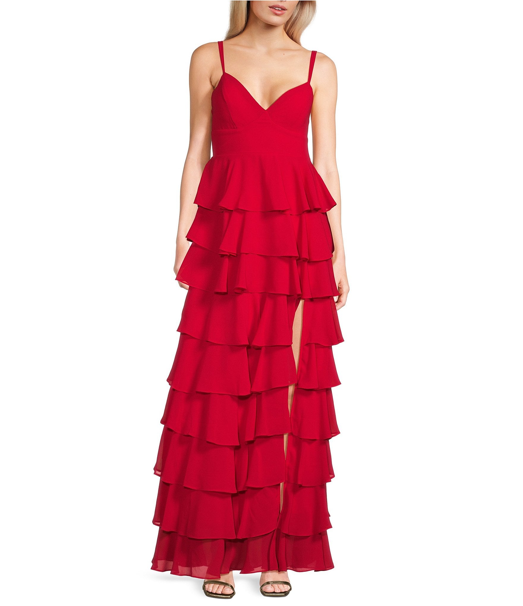 B Darlin Chiffon Double Spaghetti Strap V Neck Tiered Ruffle Long Dress Dillards