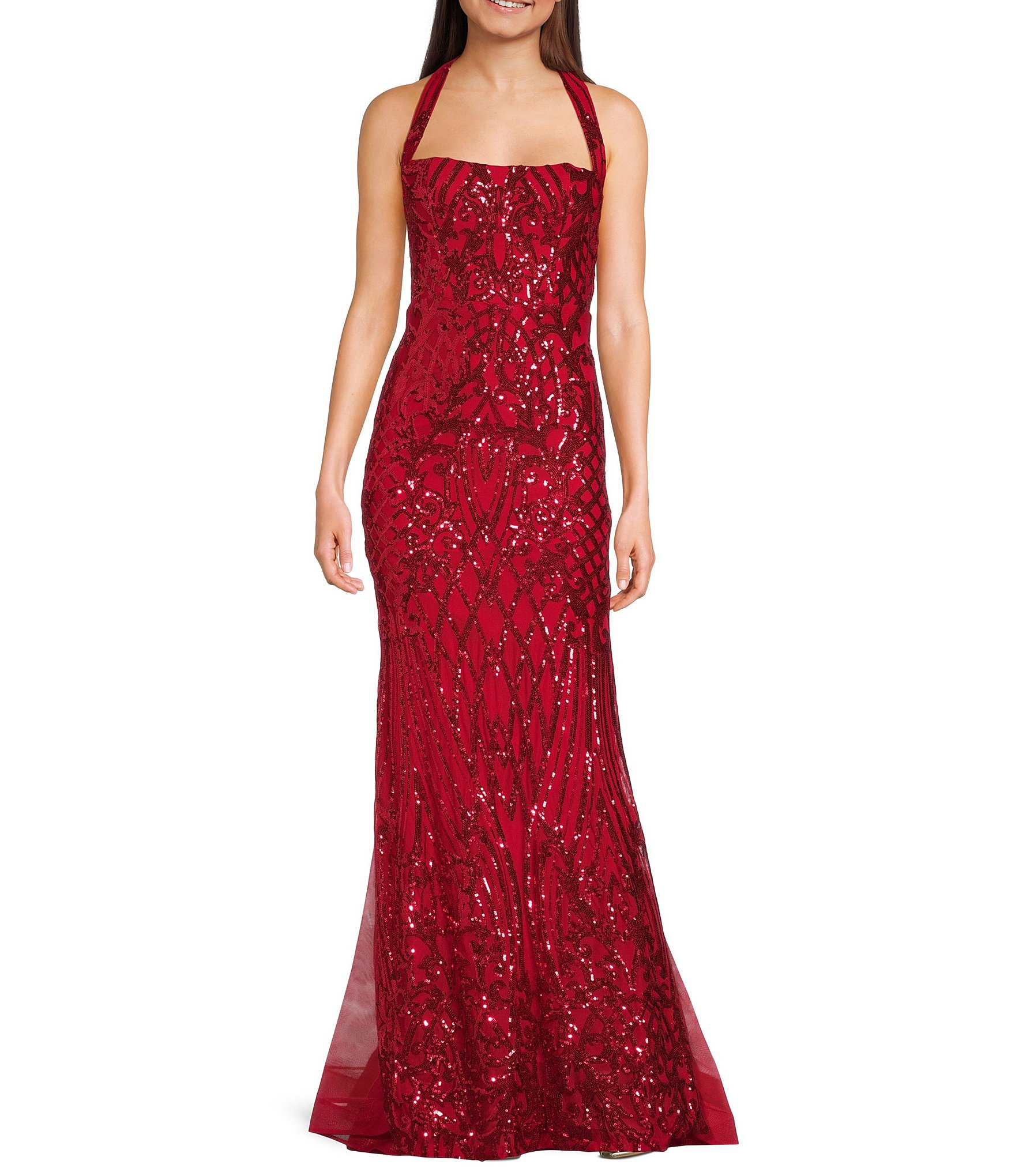 B. Darlin Sequin Pattern Square Neck Halter Godet Dress | Dillard's
