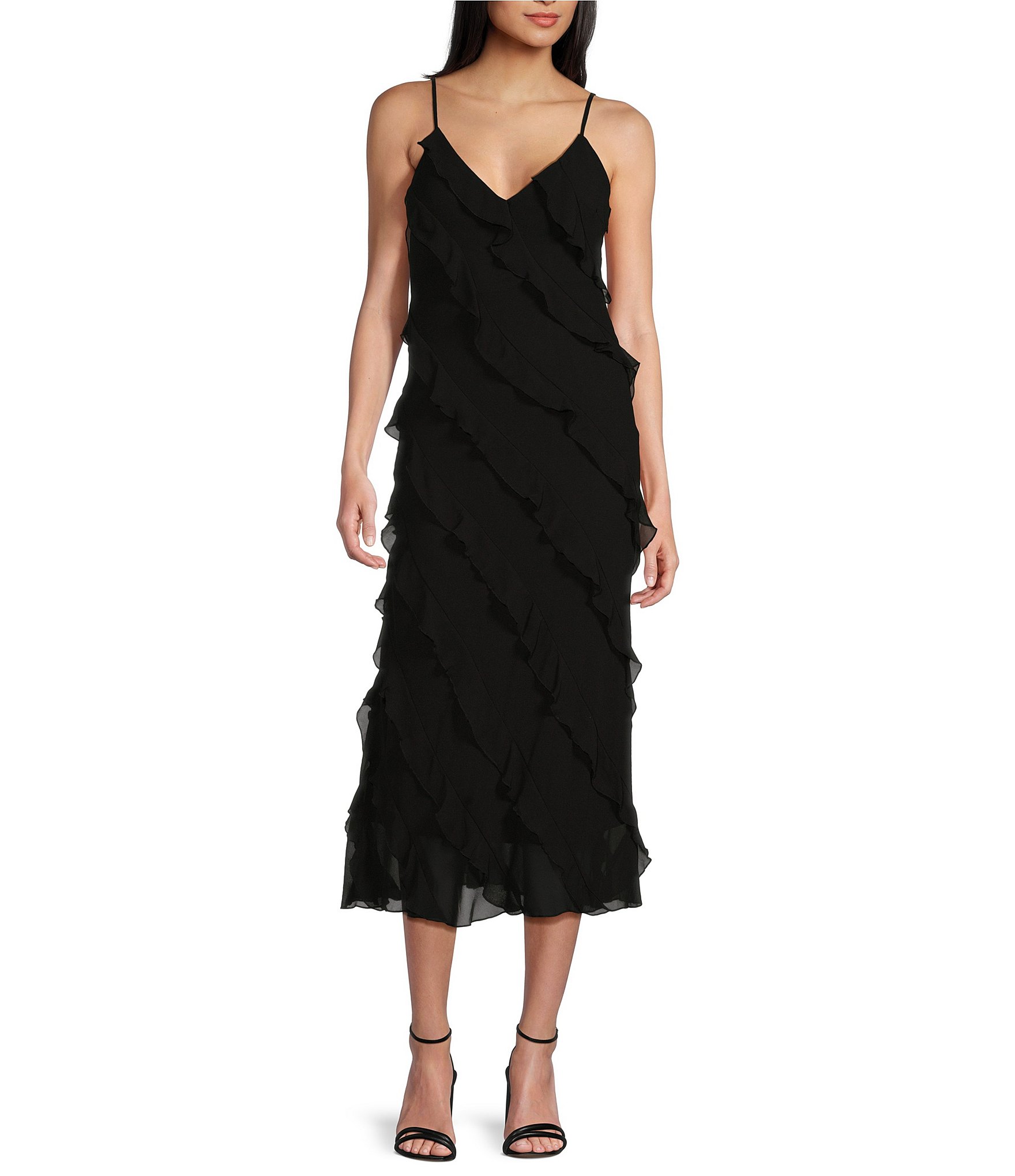 B. Darlin Spaghetti Strap V-Neck Midi Ruffle Dress | Dillard's