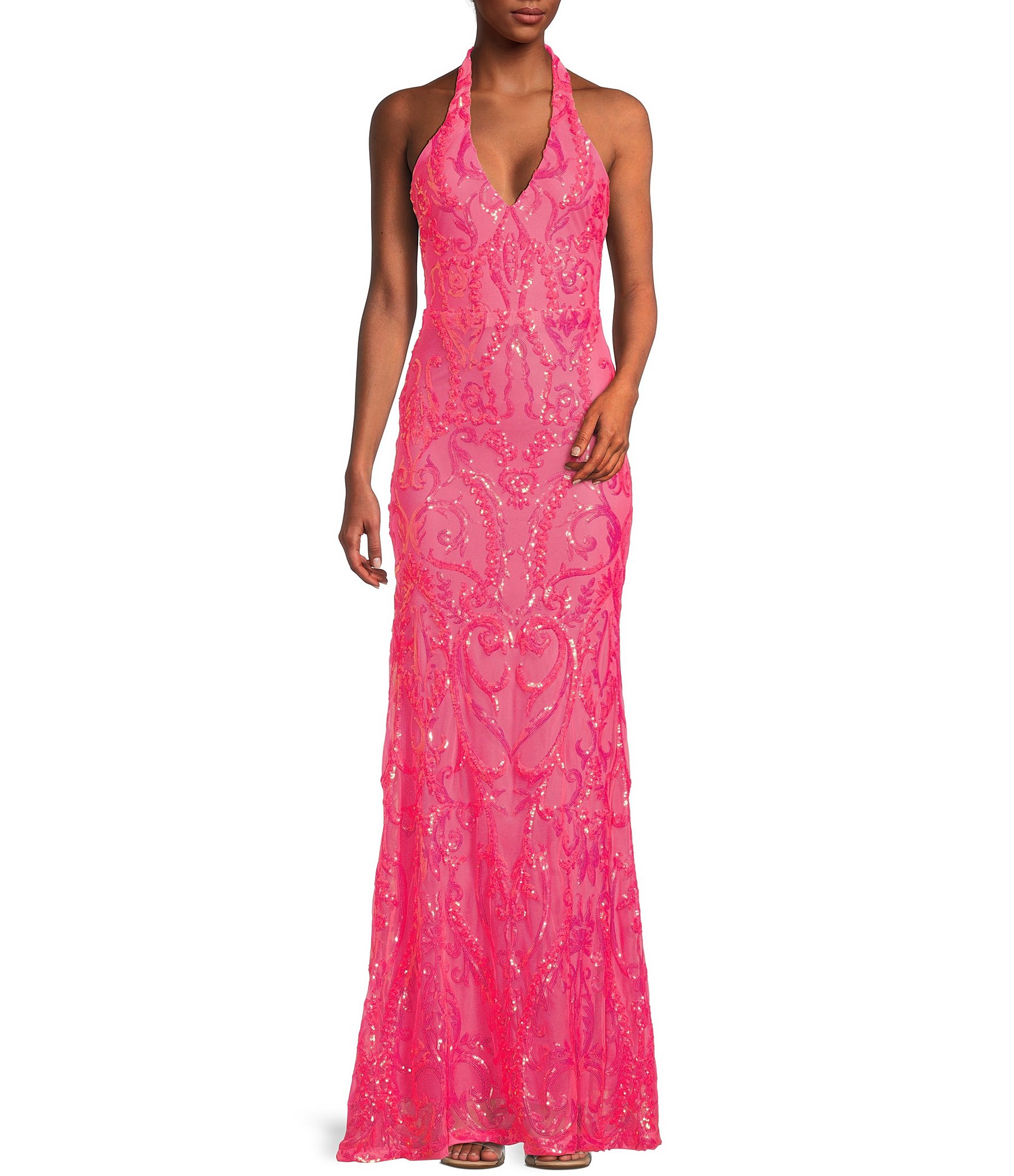 B. Darlin V-Neck Patterned Sequin Halter Dress | Dillard's