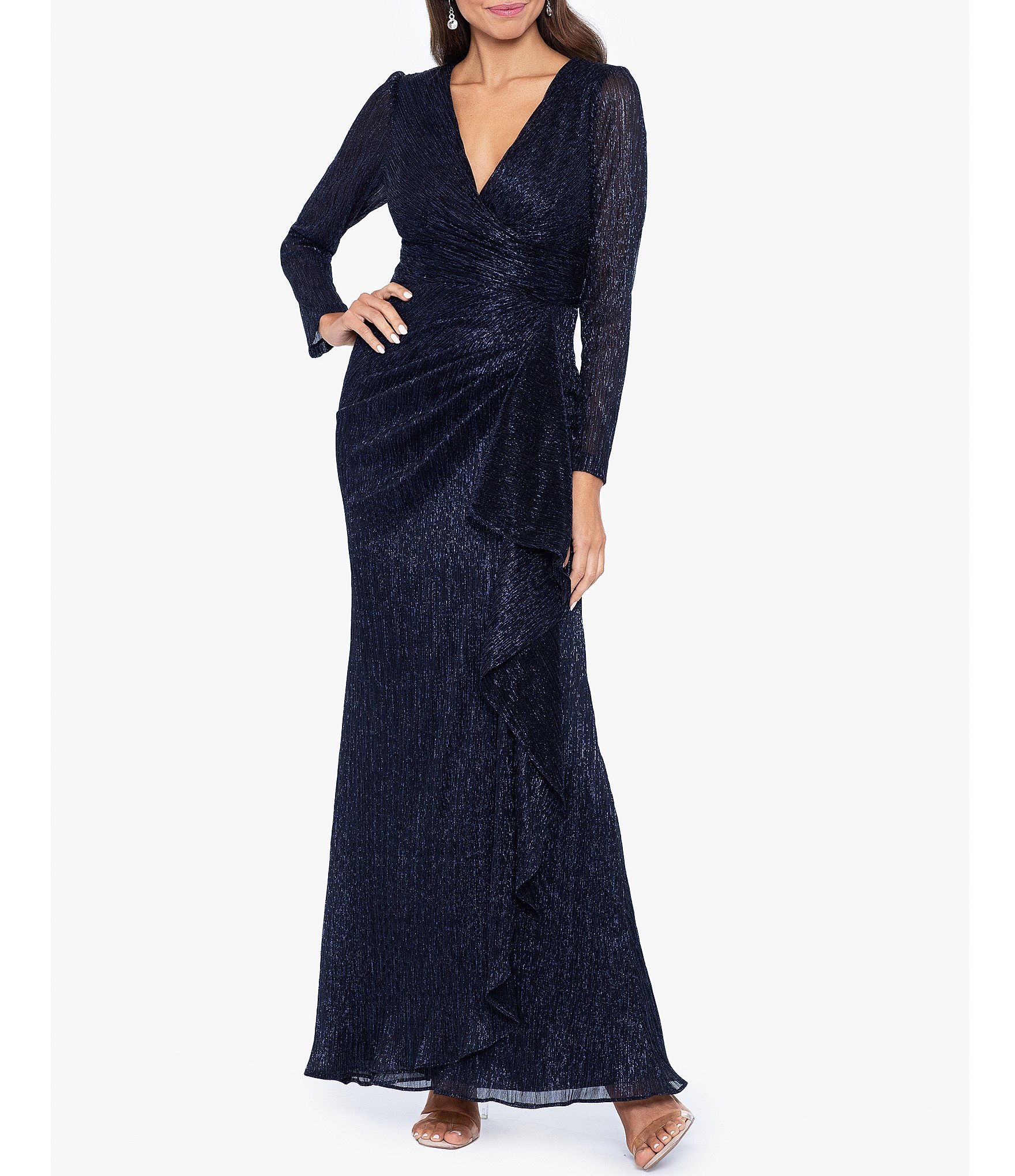 Betsy And Adam Metallic Knit Surplice V Neck Long Sleeve Side Ruffle Gown