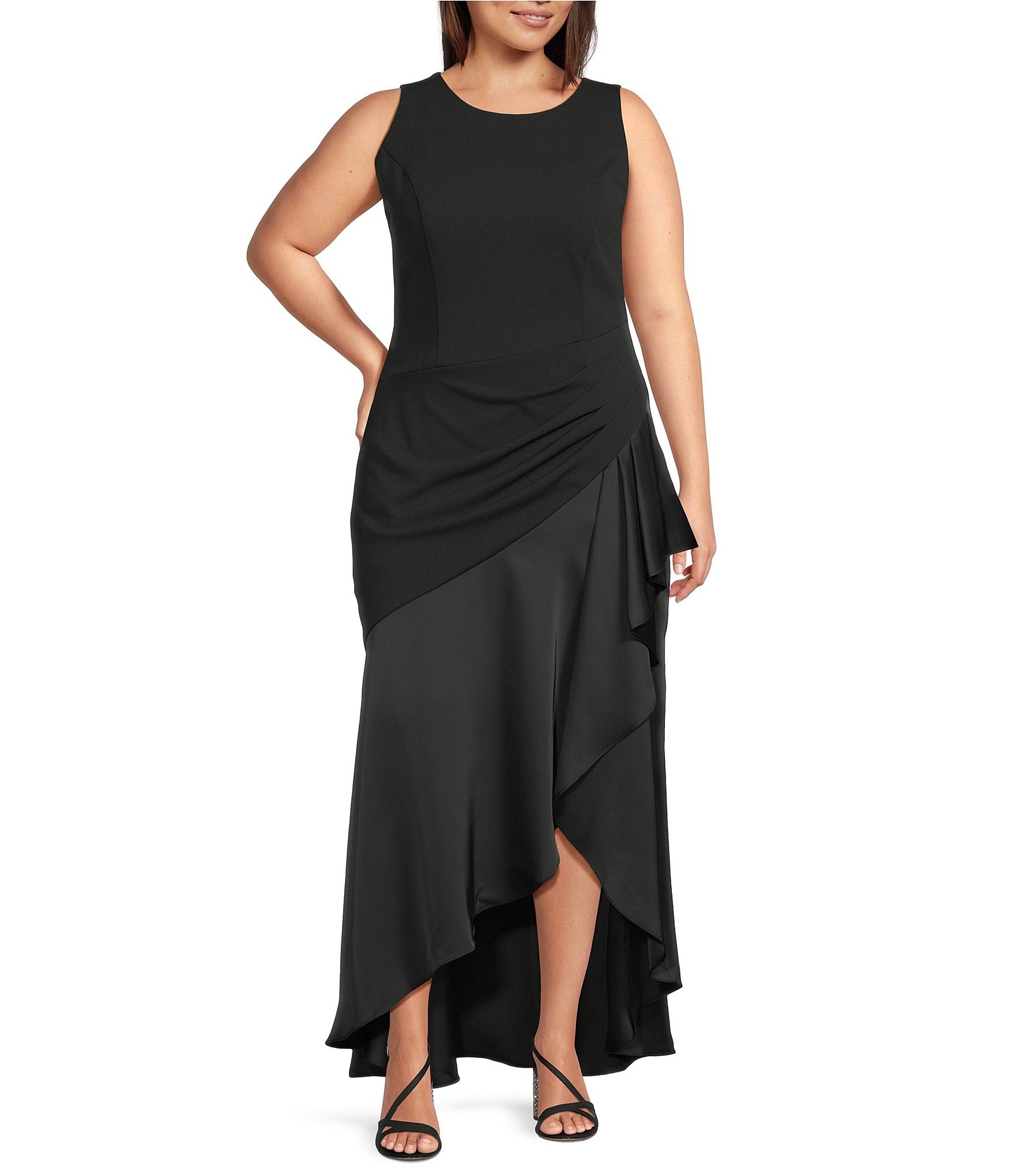 Betsy & Adam Plus Size Mixed Media Ruffled Midi Dress | Dillard's