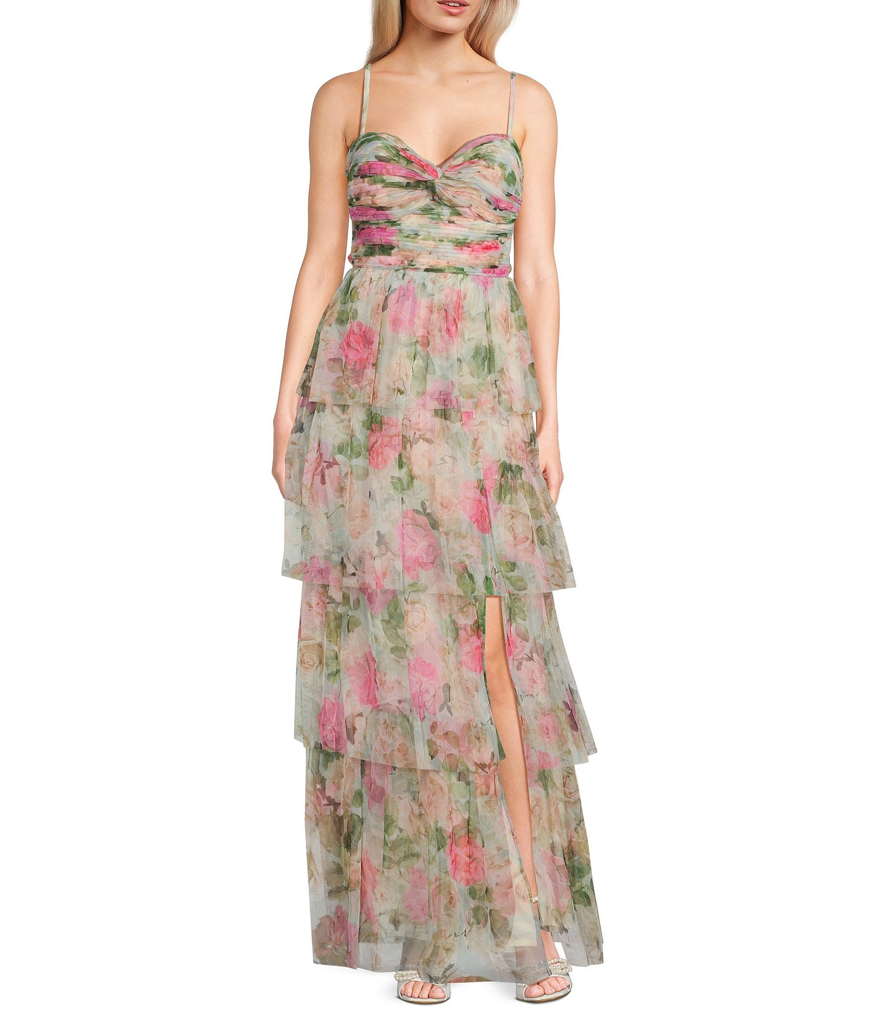 Blondie Nites Floral Print Sweetheart Neck Spaghetti Strap Ruffle