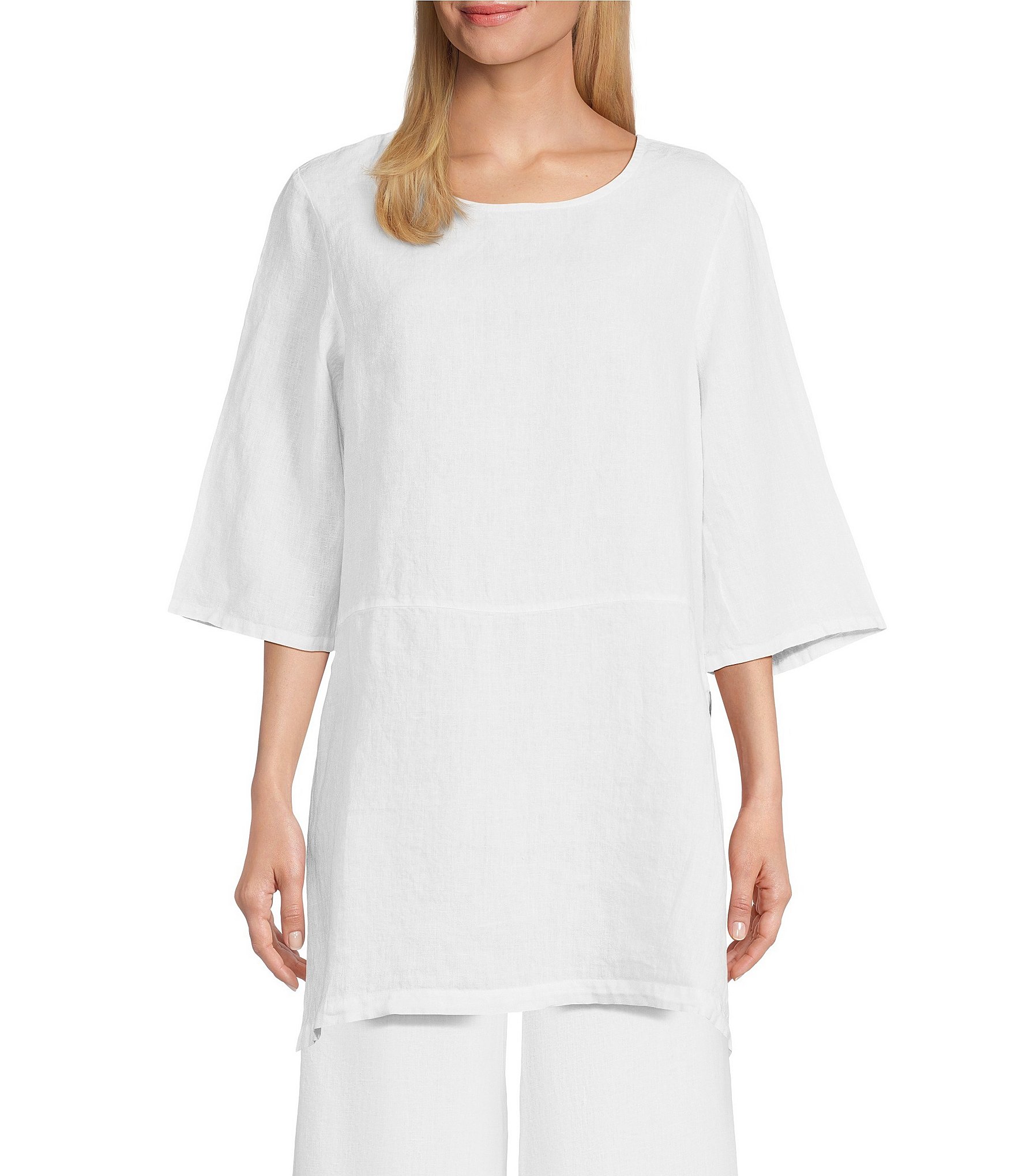 Bryn Walker Bre Linen Round Neck 3 4 Sleeve Side Slit Tunic Dillards