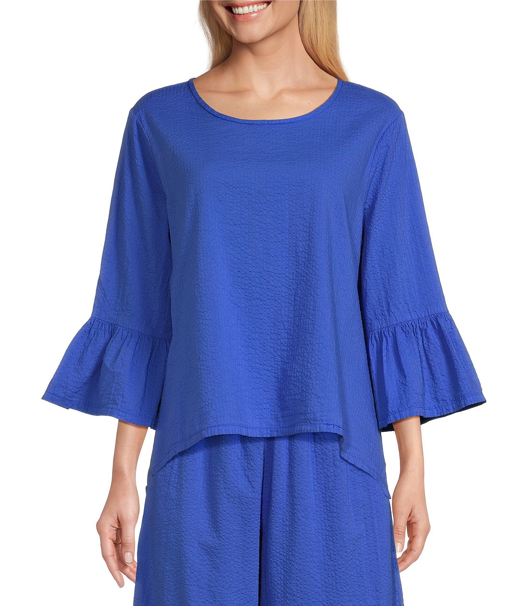 Bryn Walker Fran Seersucker Crew Neck 3 4 Ruffle Bell Sleeve Hi Low Hem