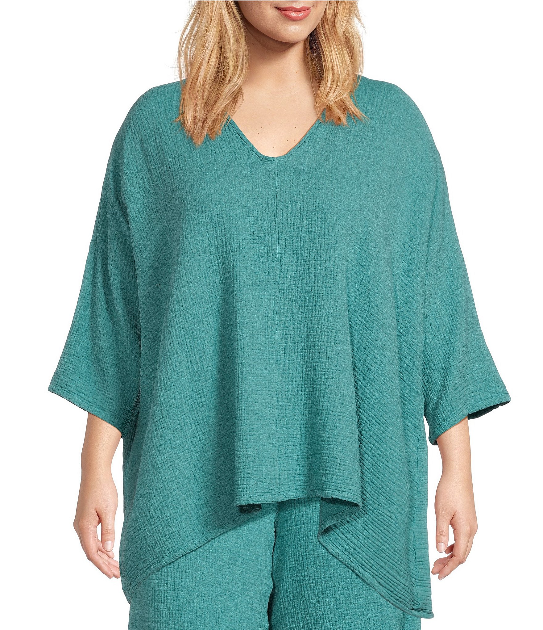Bryn Walker Plus Size Bax Woven Cotton Gauze V Neck Elbow Sleeve