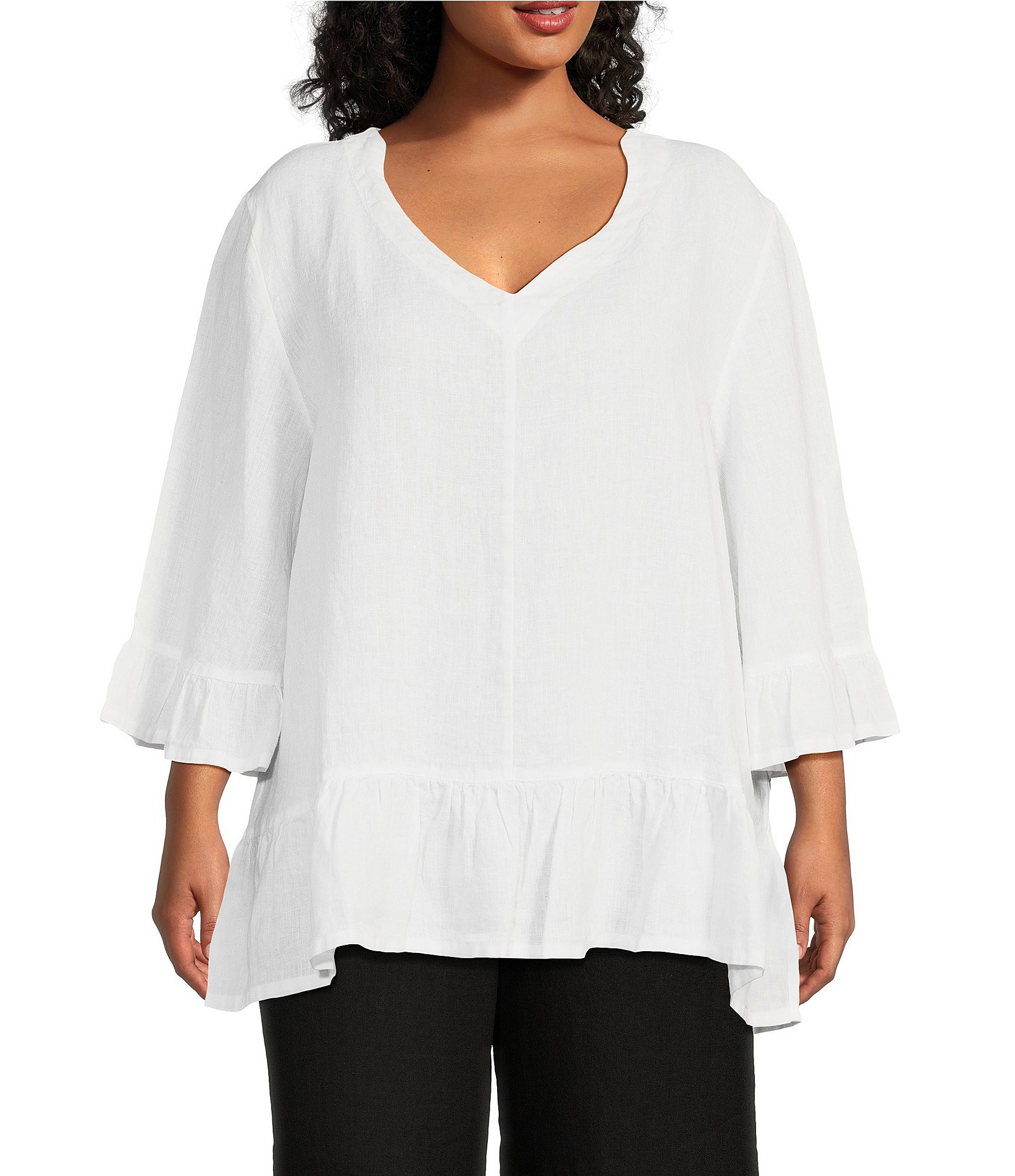 Bryn Walker Plus Size Light Linen Layla V Neck 3 4 Ruffle Bell Sleeve