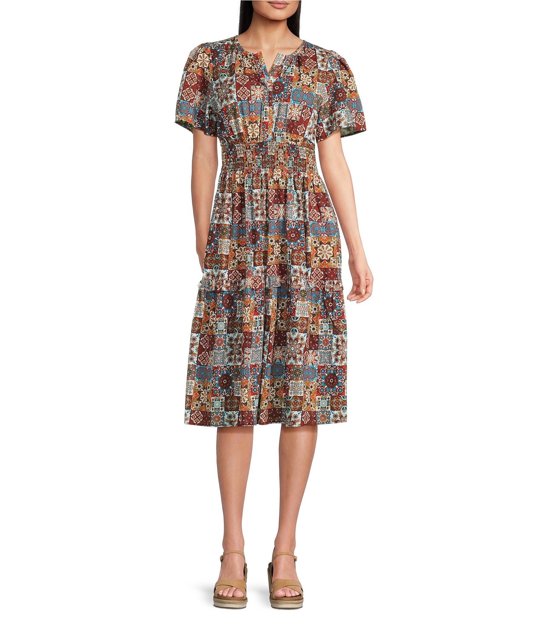 Calessa Blue Multi Patchwork Split V-Neck Flutter Cap Sleeve Tiered A ...