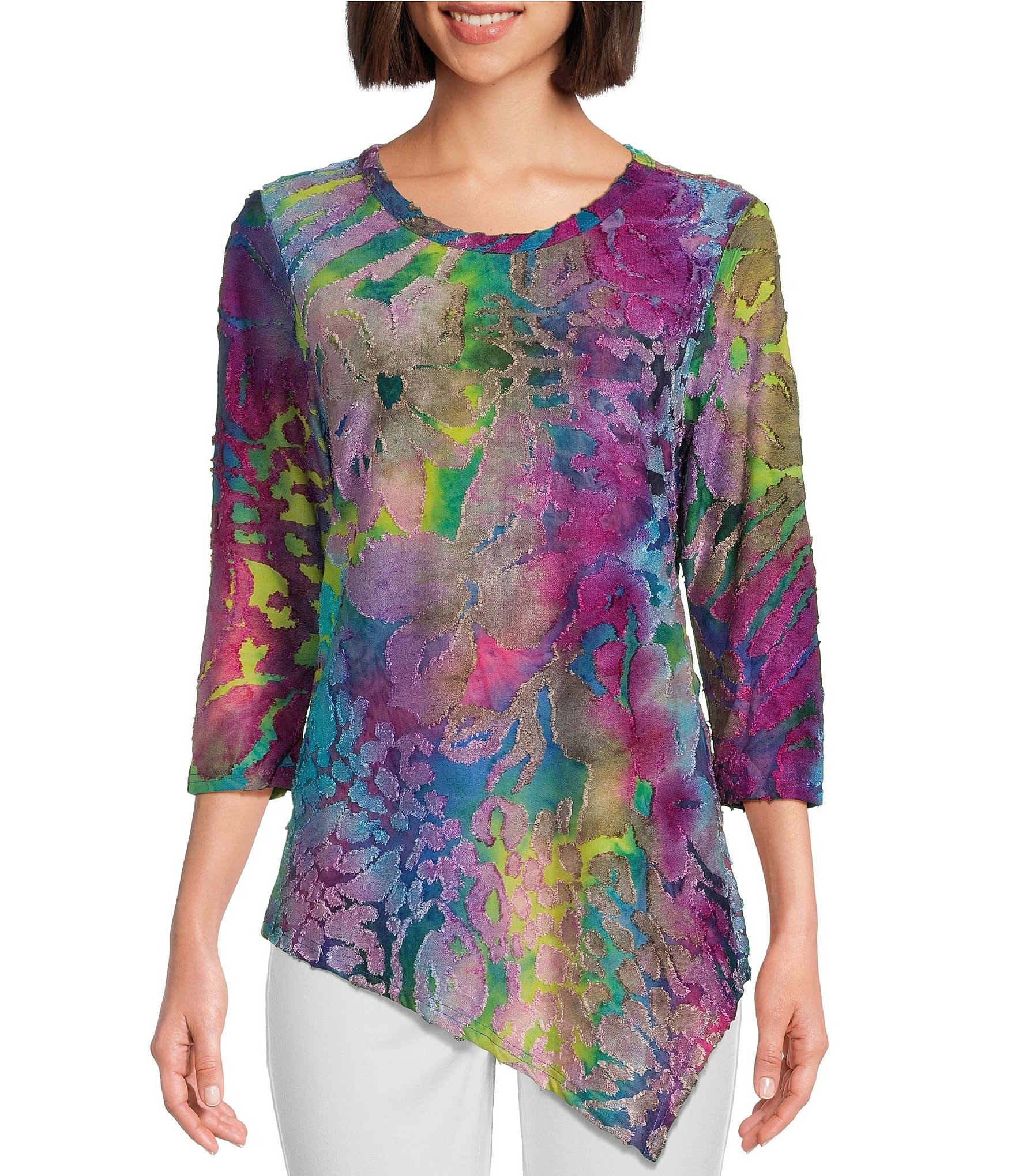 Calessa Burnout Long Sleeve Asymmetrical Tie Dye Top Dillards