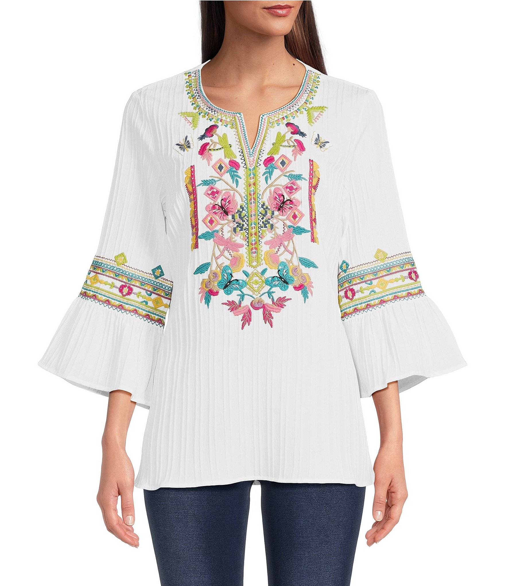 Calessa Embroidered Crinkle Woven Split V Neck 3 4 Ruffled Sleeve Tunic