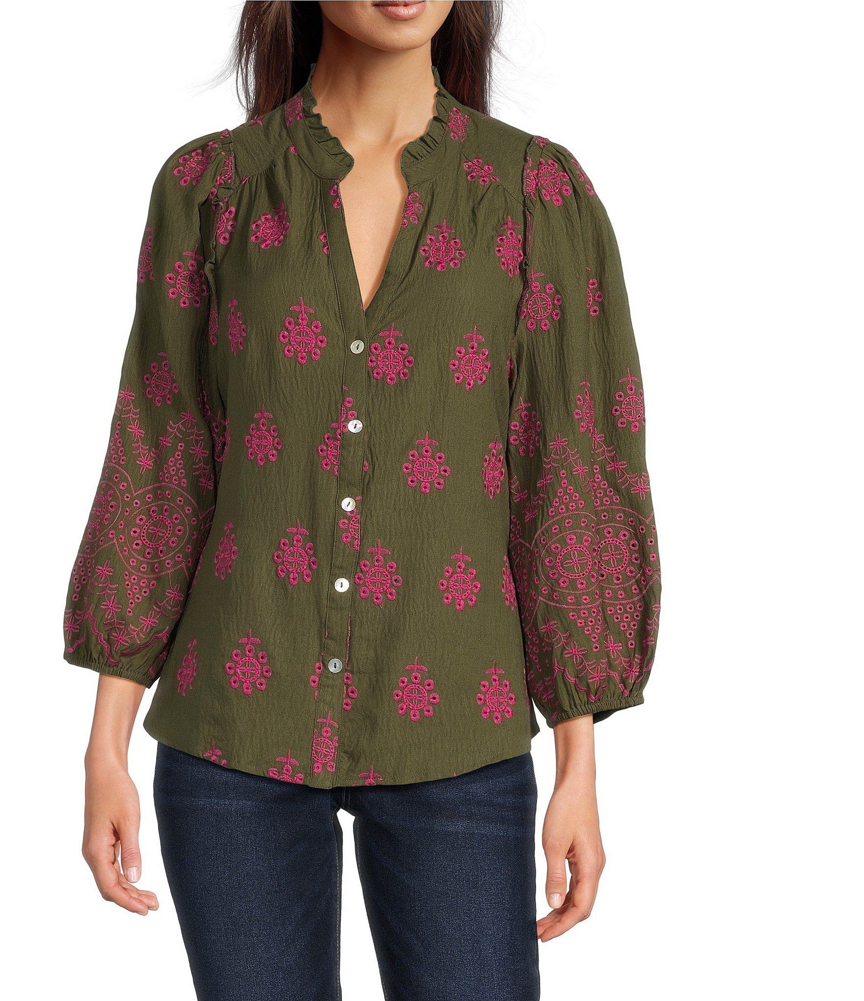 Calessa Embroidered Medallion Print Split V-Neck Long Sleeve Button ...