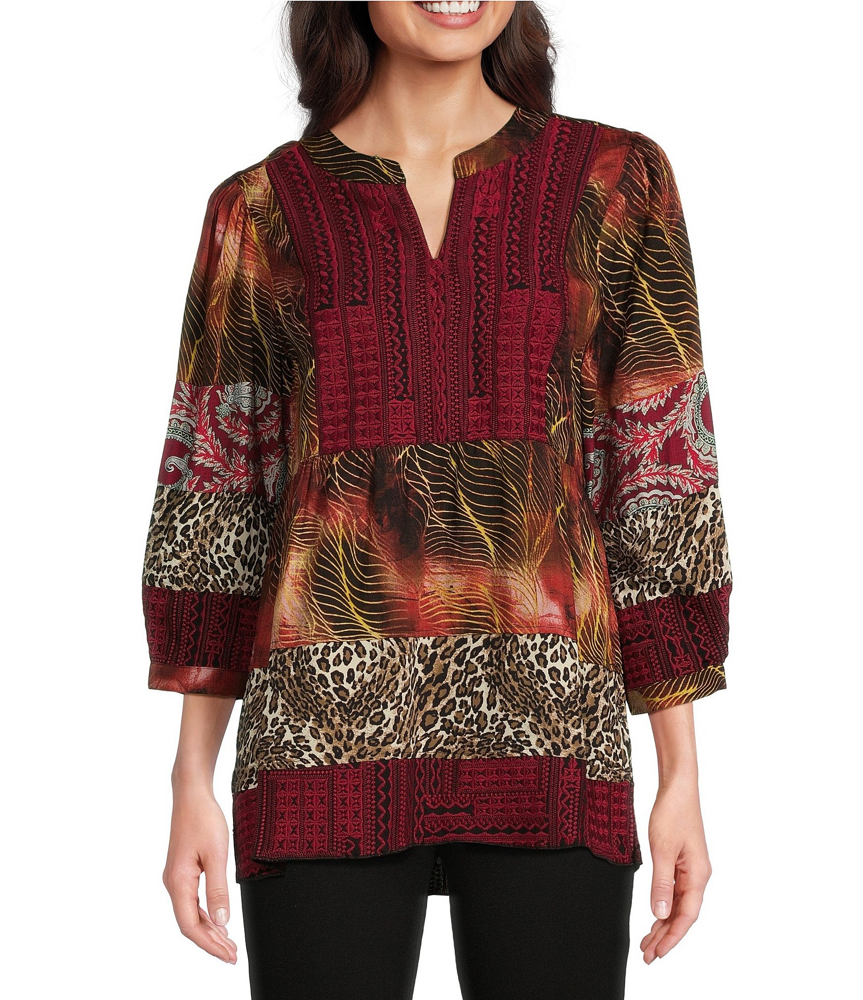 Calessa Embroidered Patchwork Print Split Round Band Collar 3 4 Sleeve