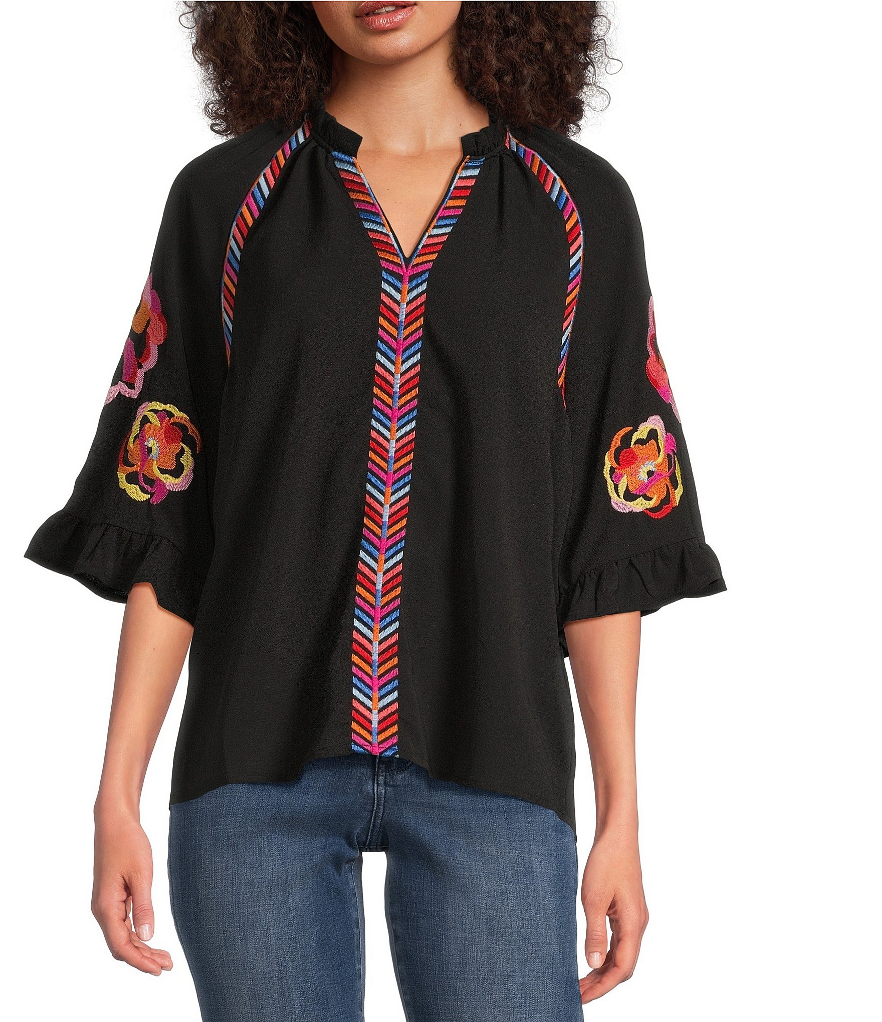 Calessa Embroidered Patchwork Ruffle Split V-Neck 3/4 Sleeve Tunic ...