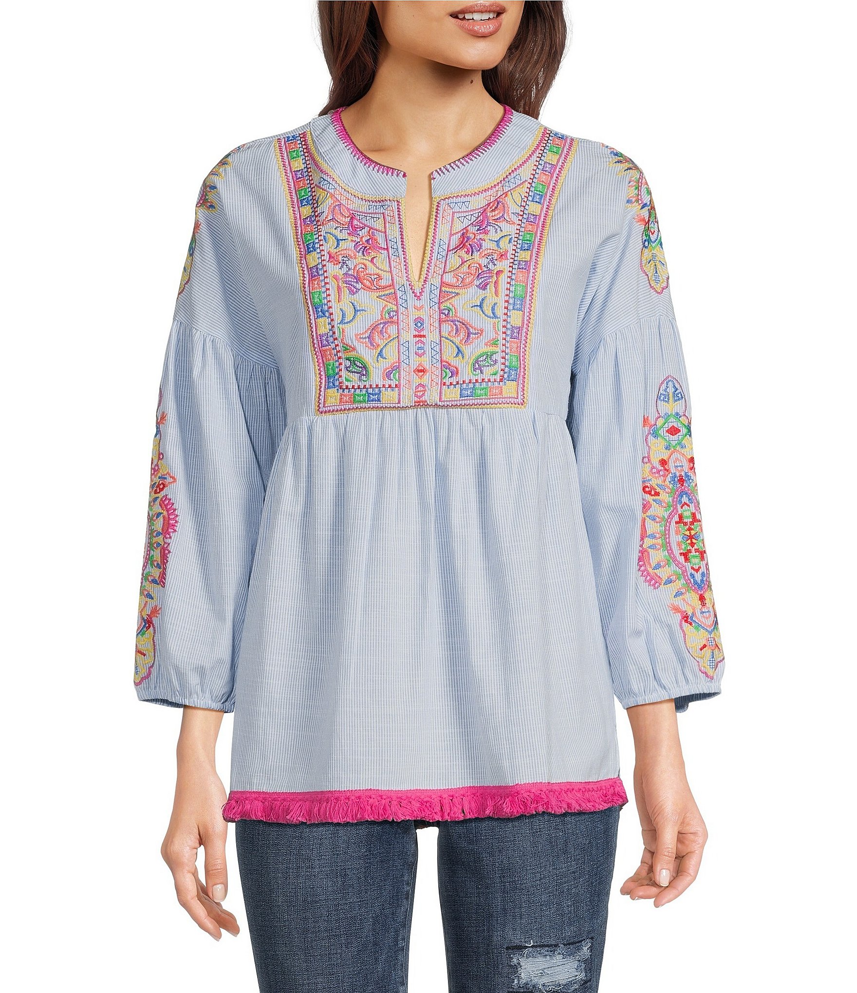 Calessa Embroidered Patchwork Split Round V-Neck 3/4 Sleeve Tunic ...