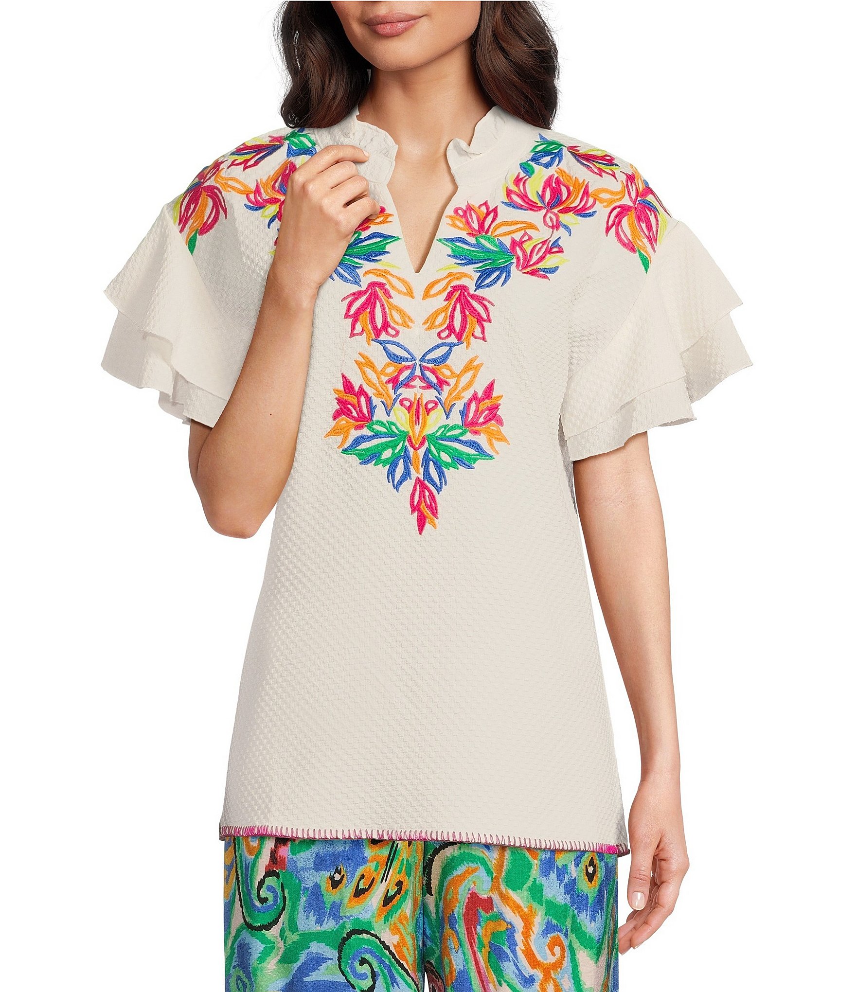 Calessa Embroidered Ruffle Double Layer Short Sleeve Top | Dillard's