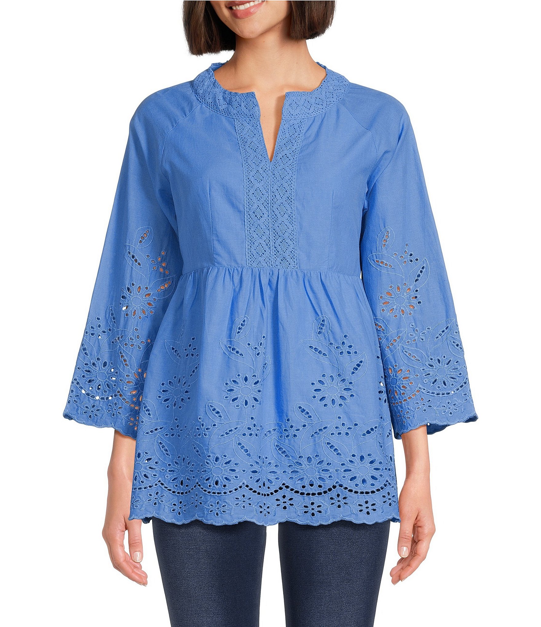 Calessa Embroidered Split Round Neckline 3 4 Sleeve Tunic Dillards