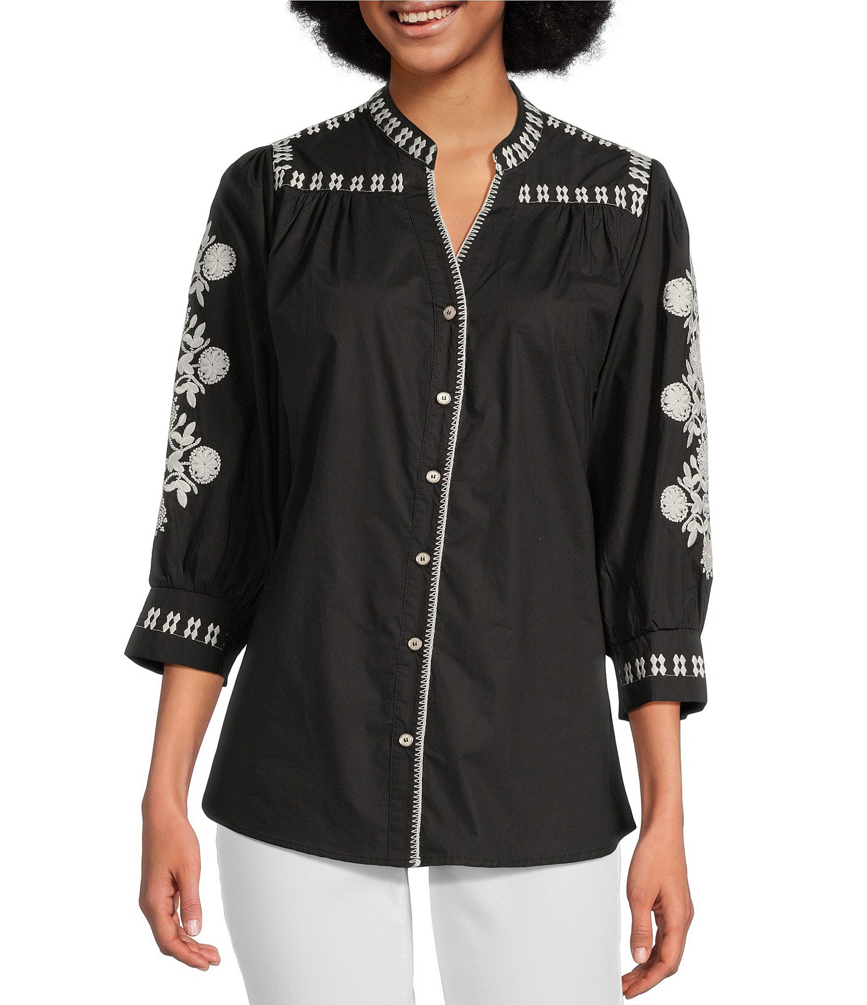 Calessa Embroidered Split V-Neck 3/4 Sleeve Button-Front Tunic | Dillard's