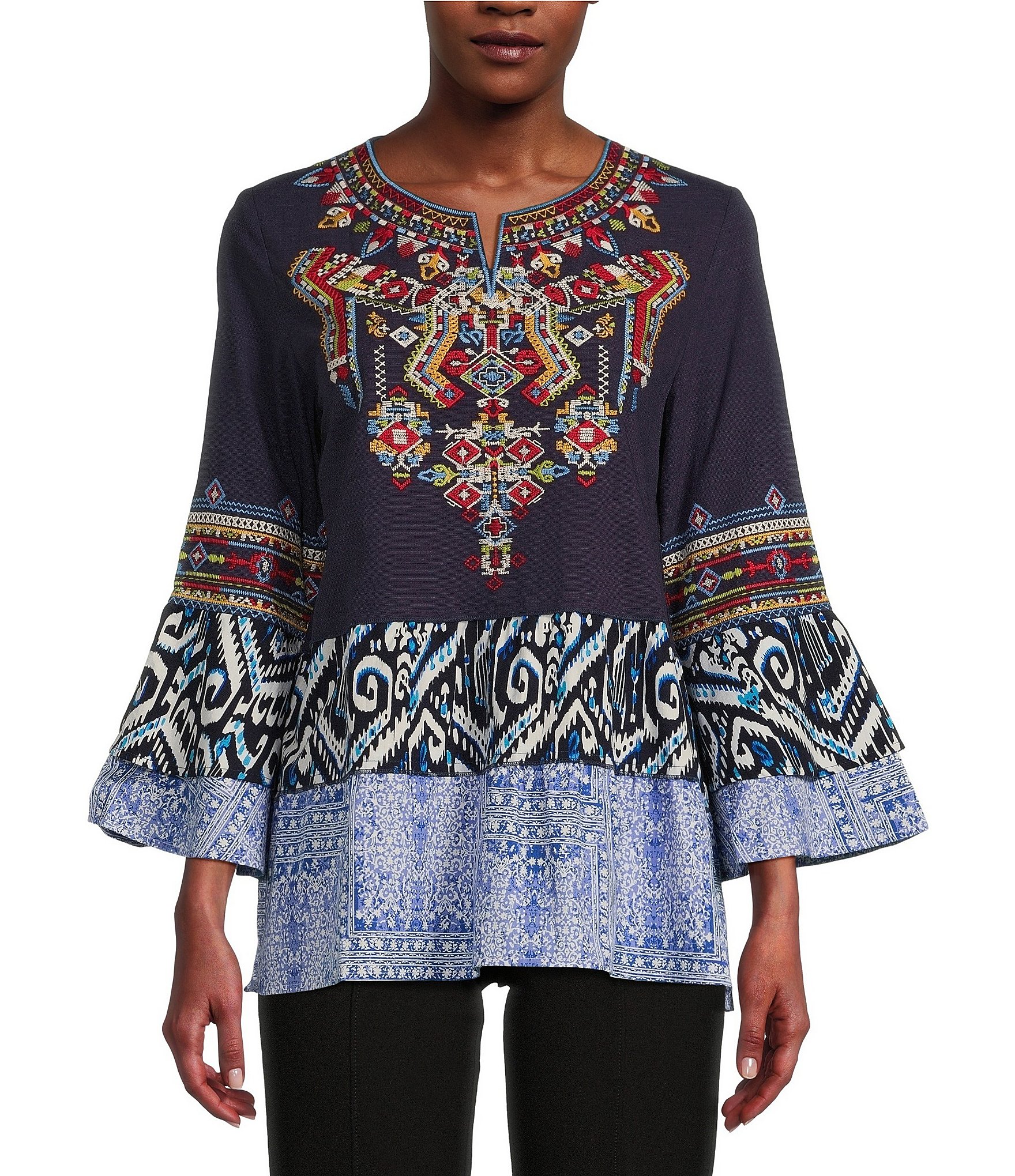 Calessa Embroidered Split V Neck 3 4 Sleeve Top Dillards