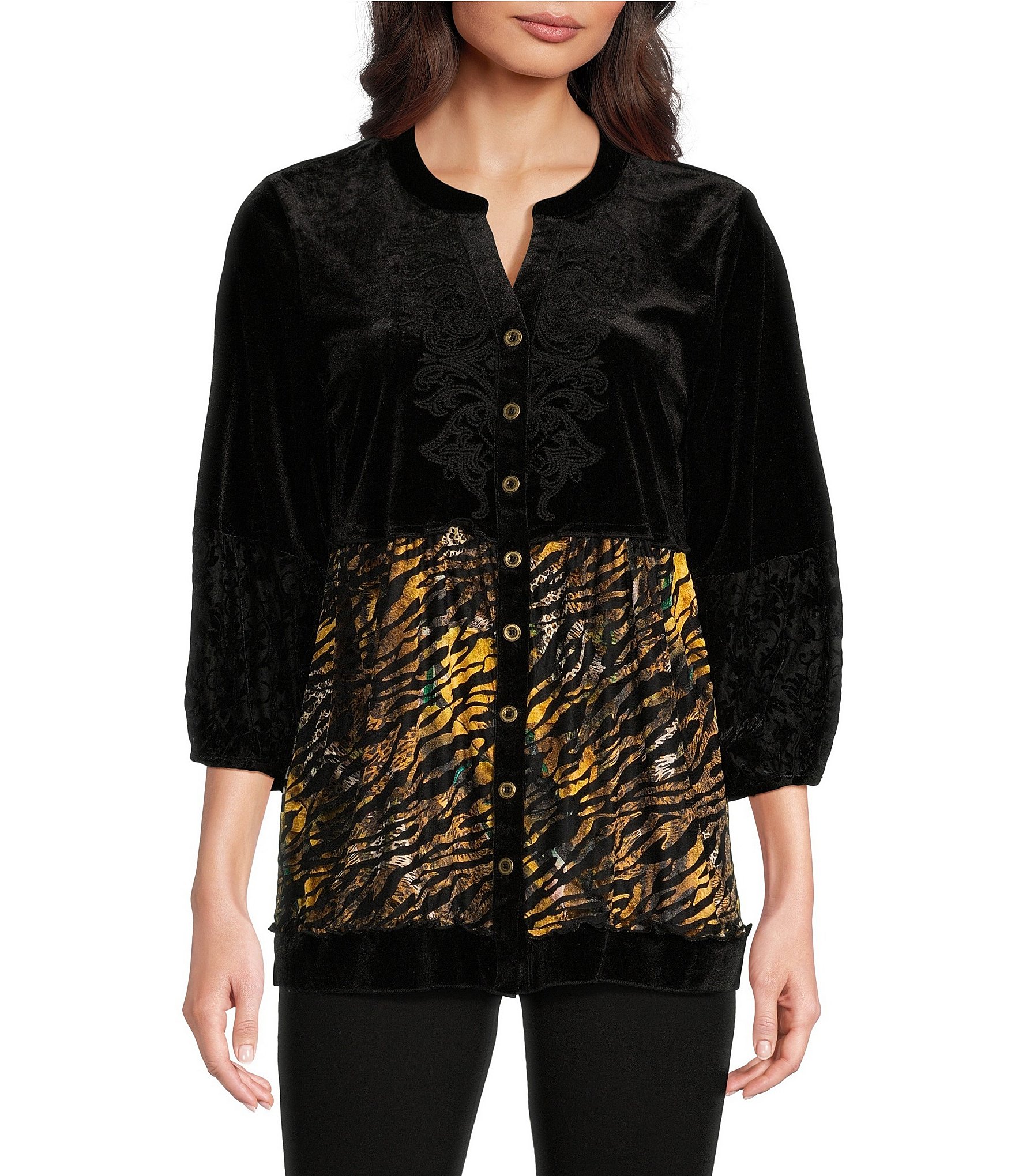 Calessa Embroidered Velvet Tiered Patchwork Print Split V Neck Neck 3 4
