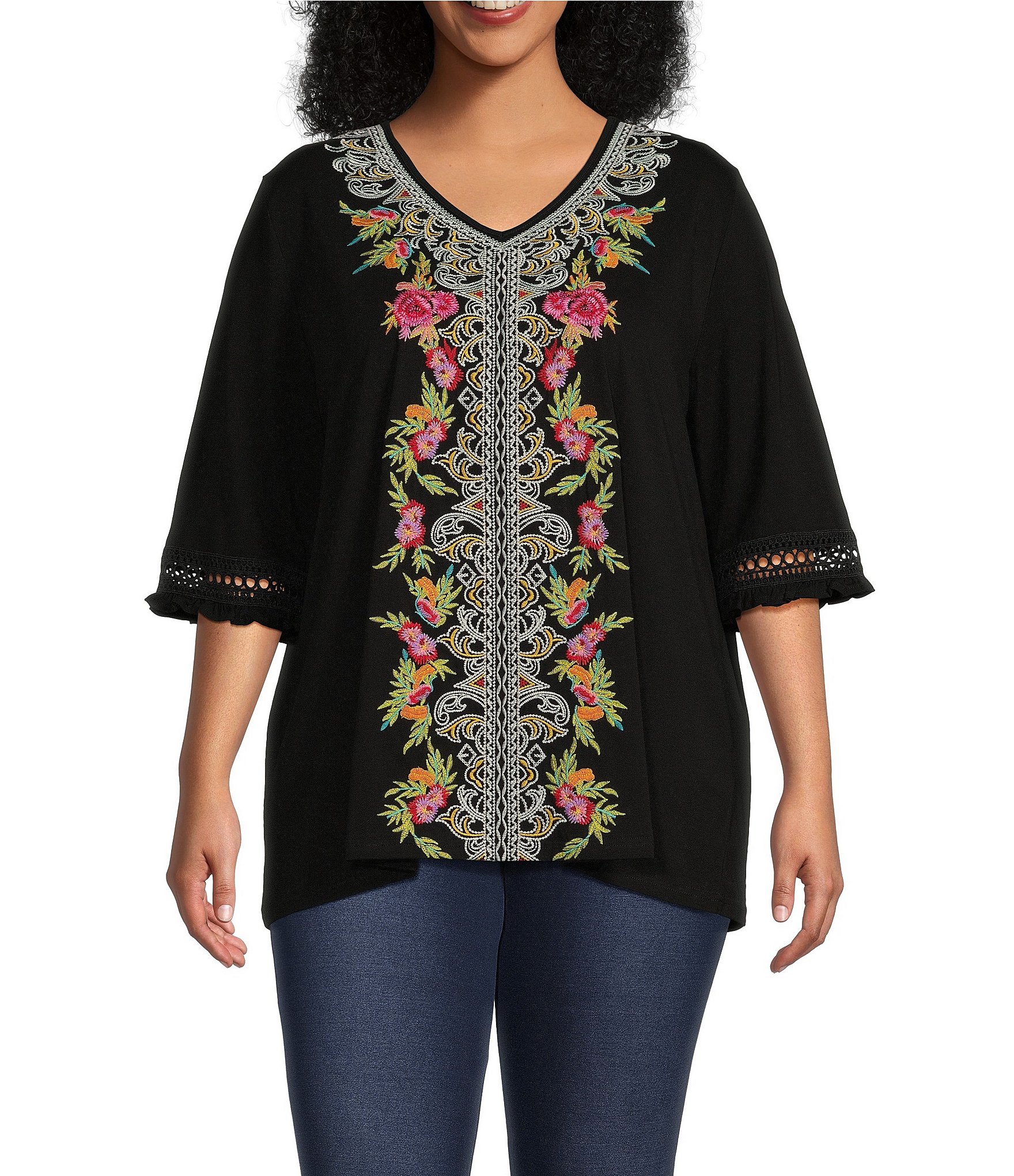 Calessa Plus Size Comfort Stretch Embroidered V Neck 3 4 Sleeve