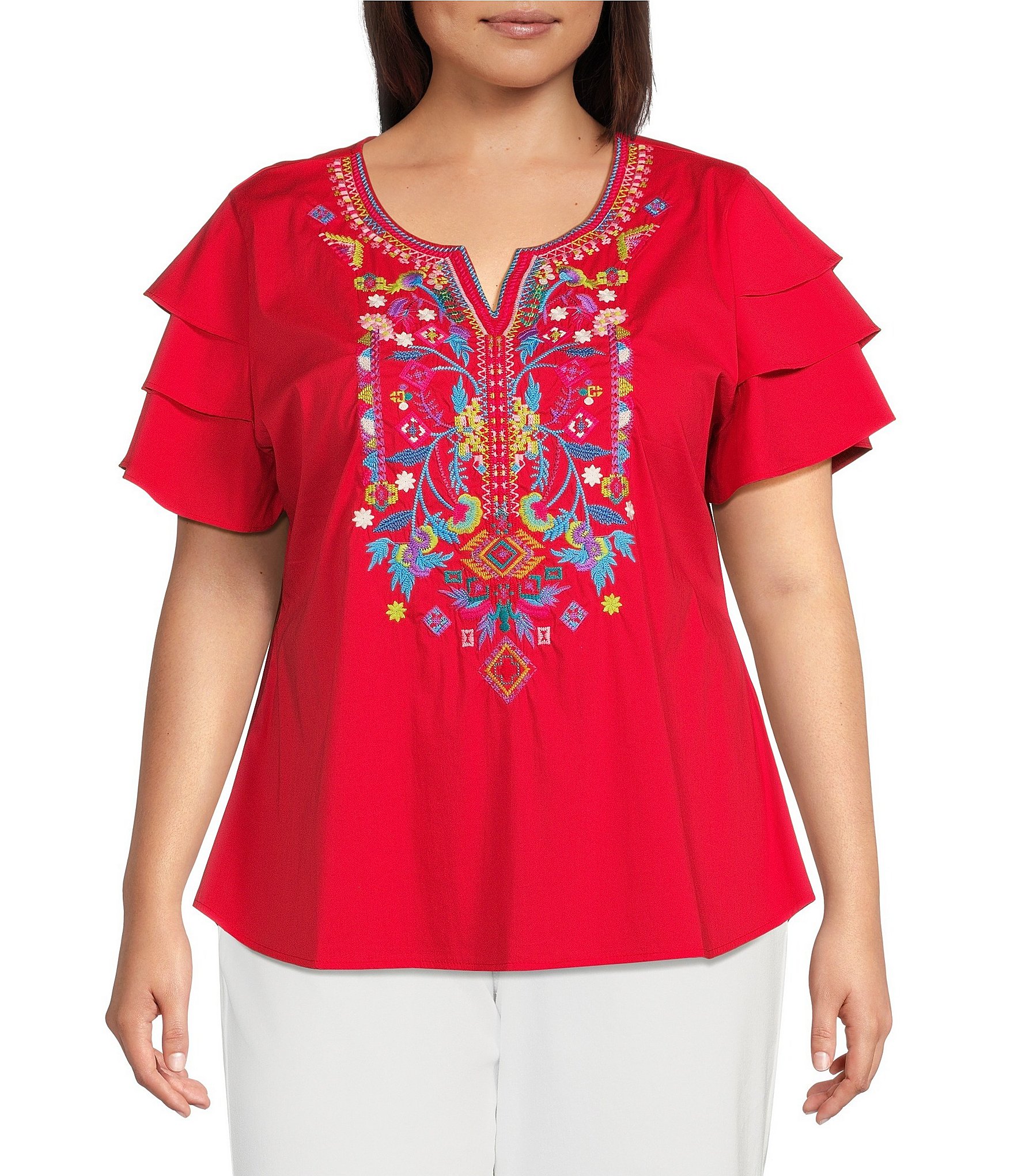 Calessa Plus Size Embroidered Front Notch V Neckline Short Ruffle