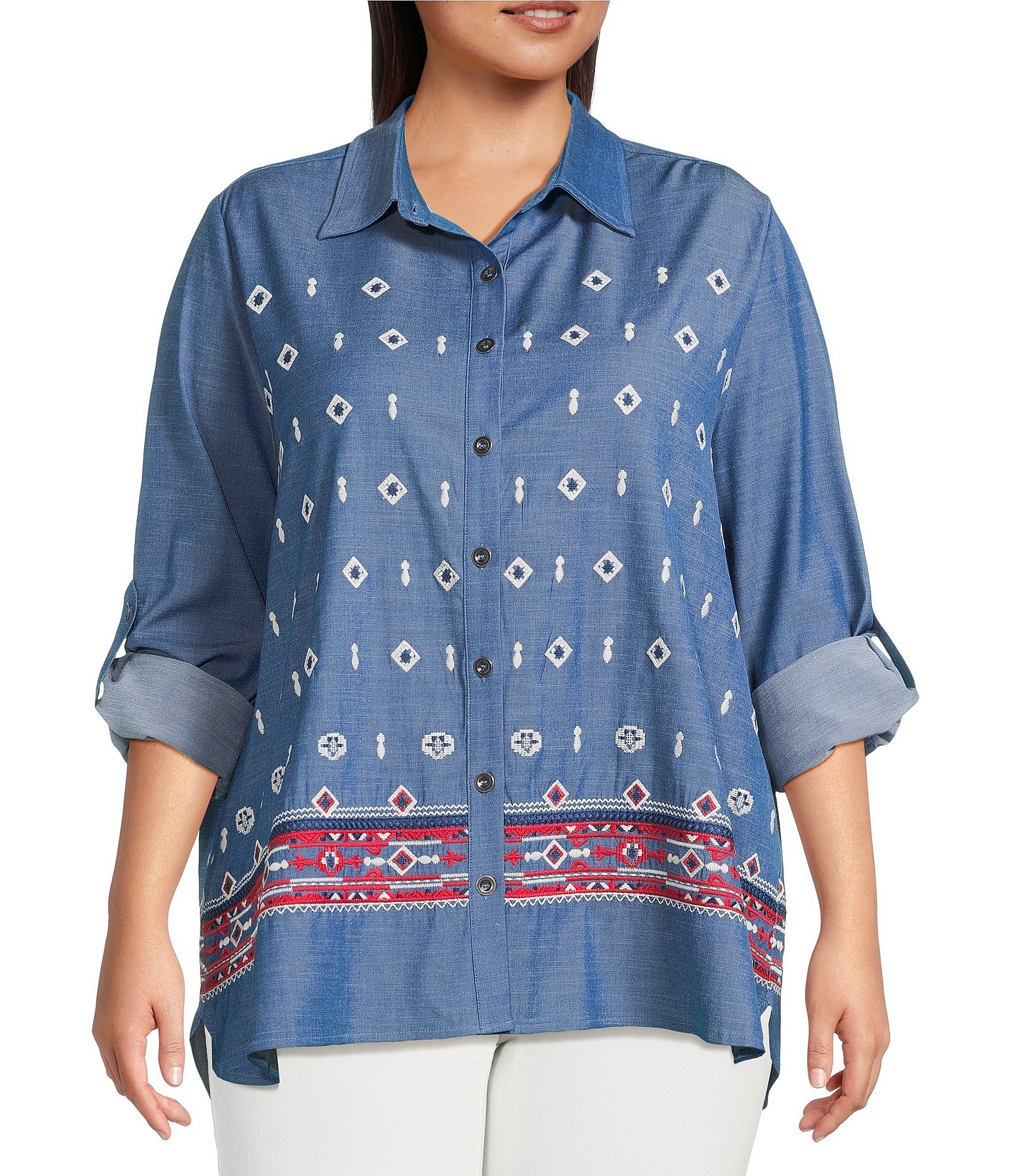 Calessa Plus Size Embroidered Point Collar Long Roll-Tab Sleeve Button ...